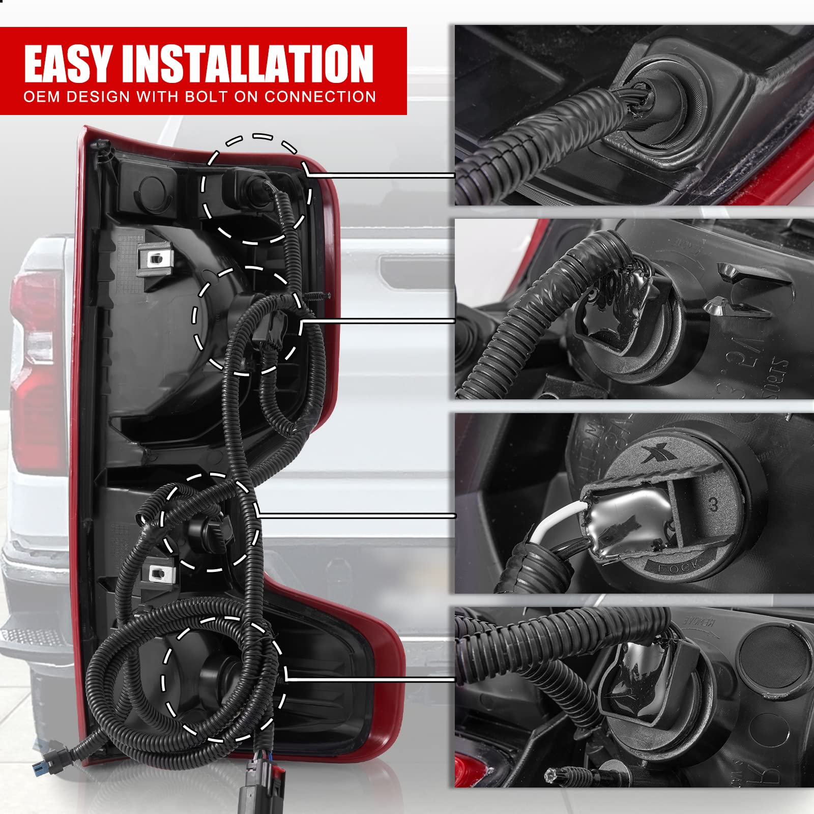 TEMSONE Passenger Side Tail Light Chrome Red Lens with Wiring Harness ...