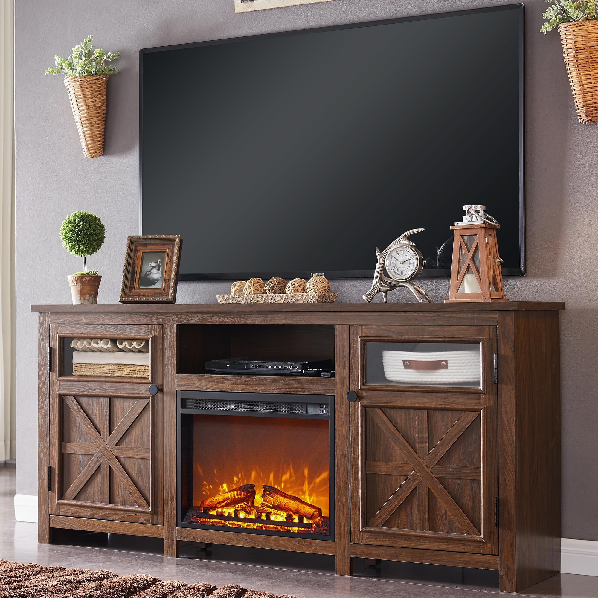 Amazon.com: JXQTLINGMU 70'' Farmhouse Fireplace TV Stand for 75 Inch TV ...