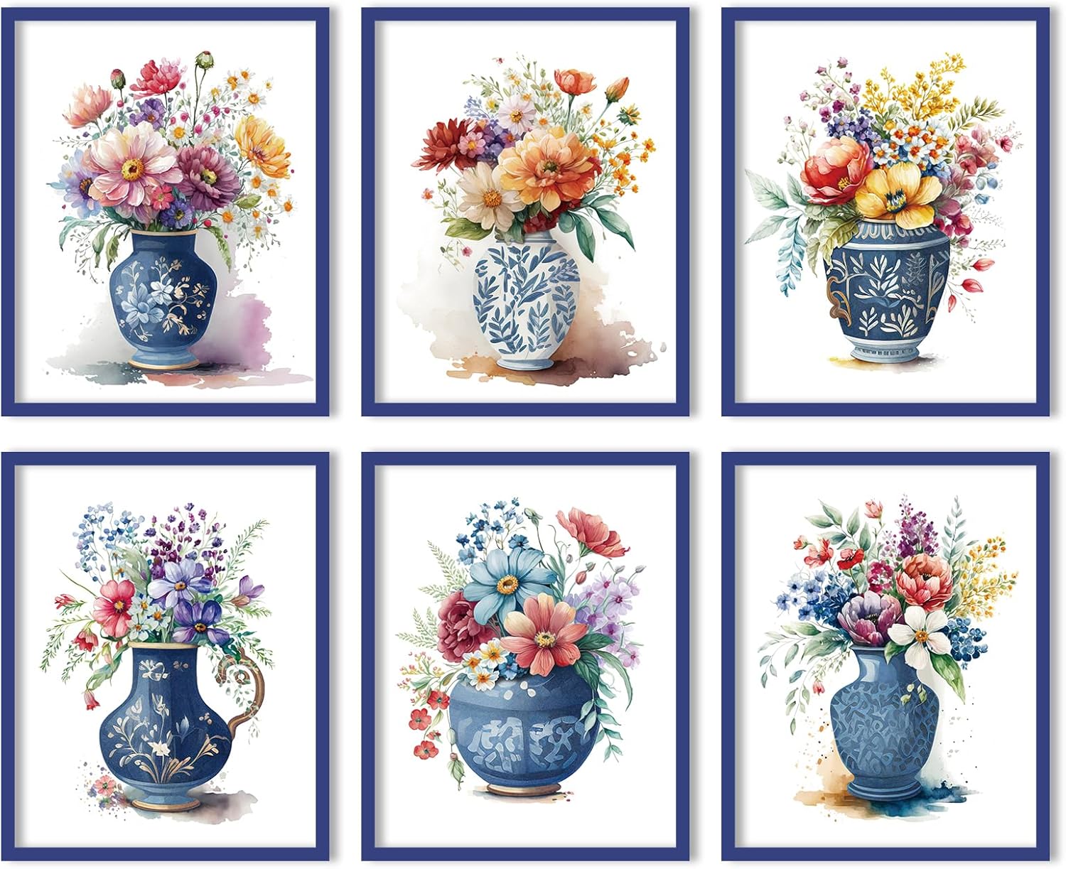 Amazon.com: 6Pcs Spring Floral Wall Art Prints Chinoiserie Blue White ...