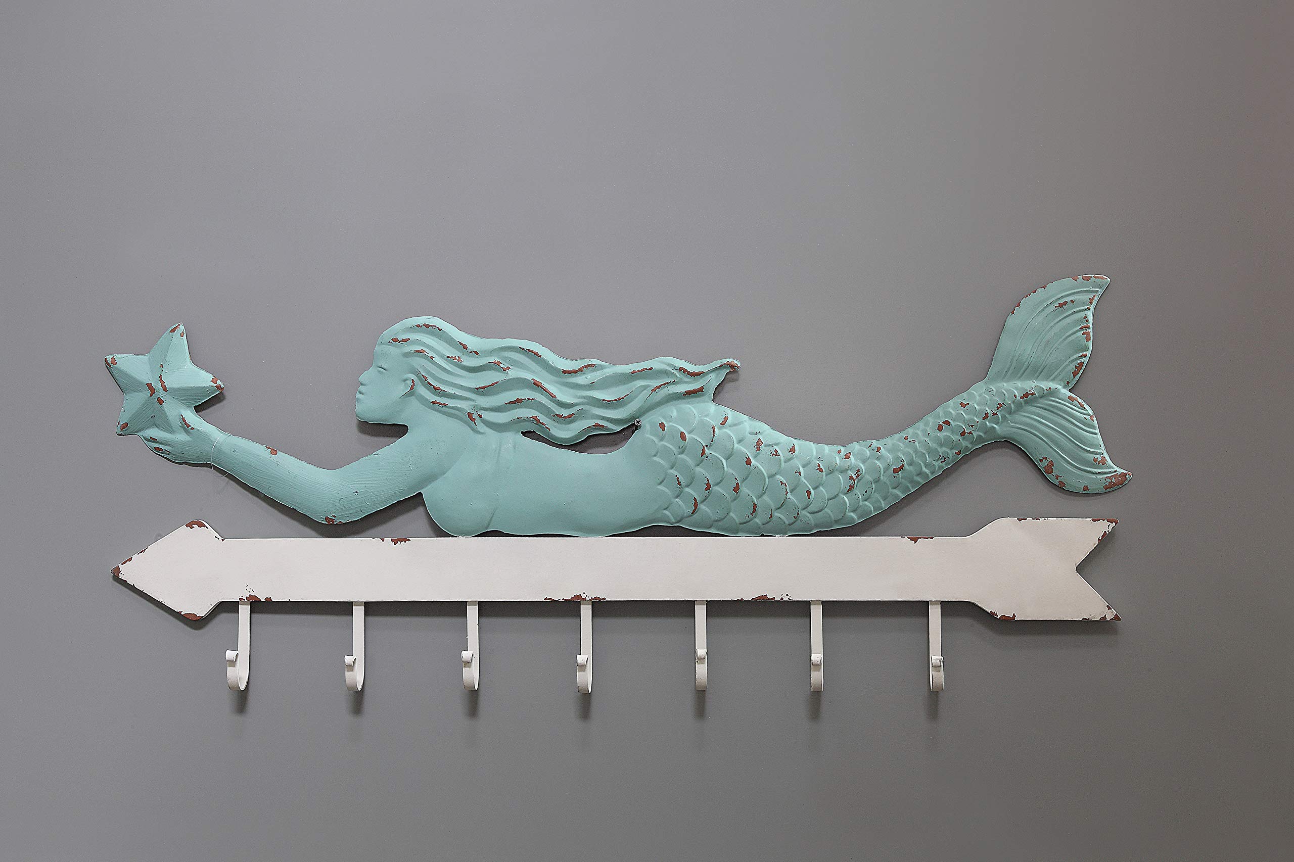 Creative Co-Op Aqua & White Metal Mermaid Wall Décor with 7 Hooks