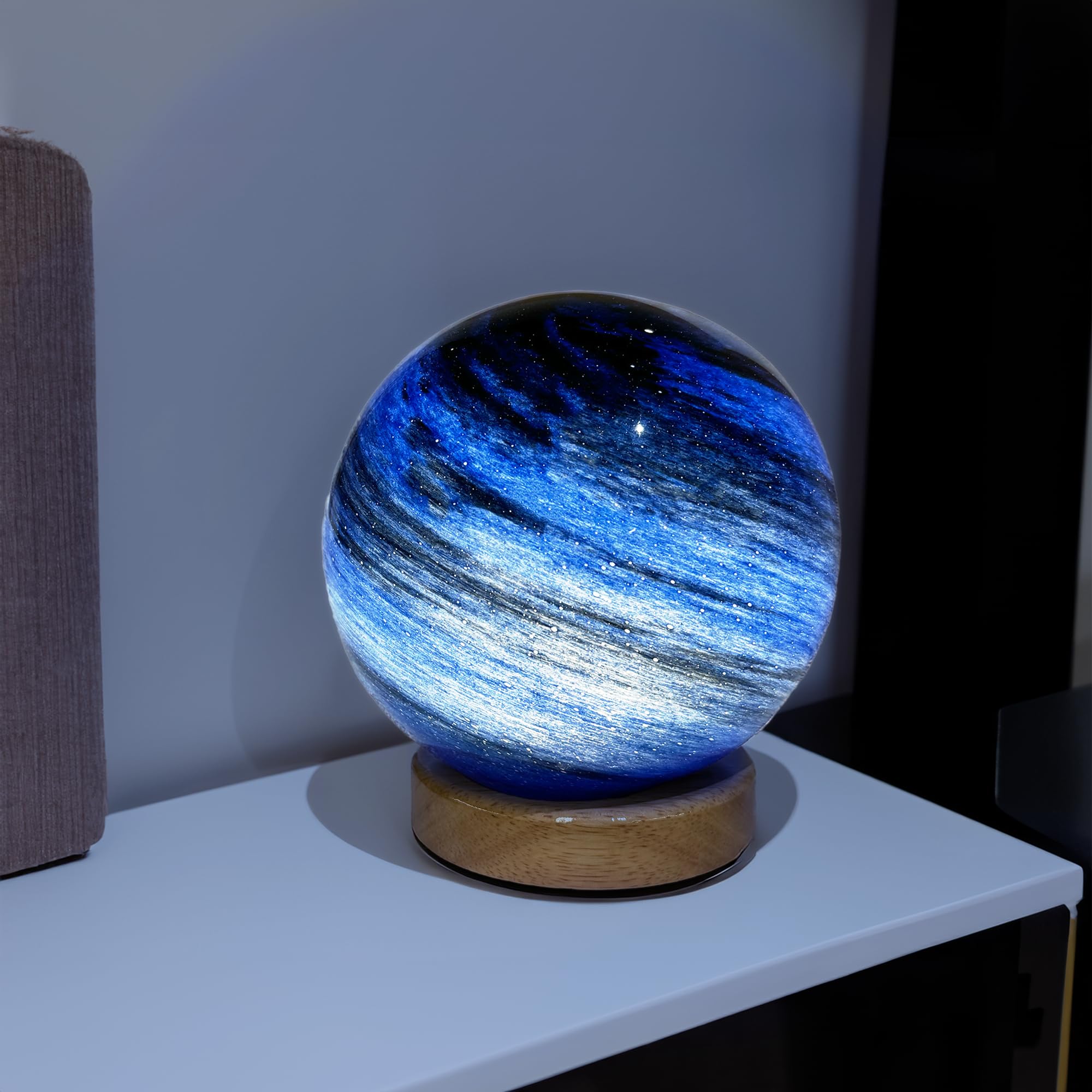 JupiGlow Neptune Blue Planet Night Light Glass Bedside with Wooden Base ...