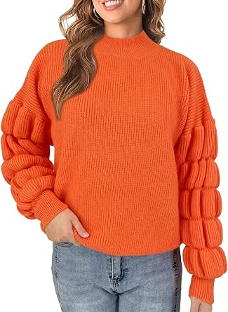 Orange Sweaters for Women 2024 Cute Lantern Sleeve Pullover Sweater ...