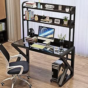 Amazon.com: FAANAS Tempered Glass Computer Desk with Storage Shelves ...