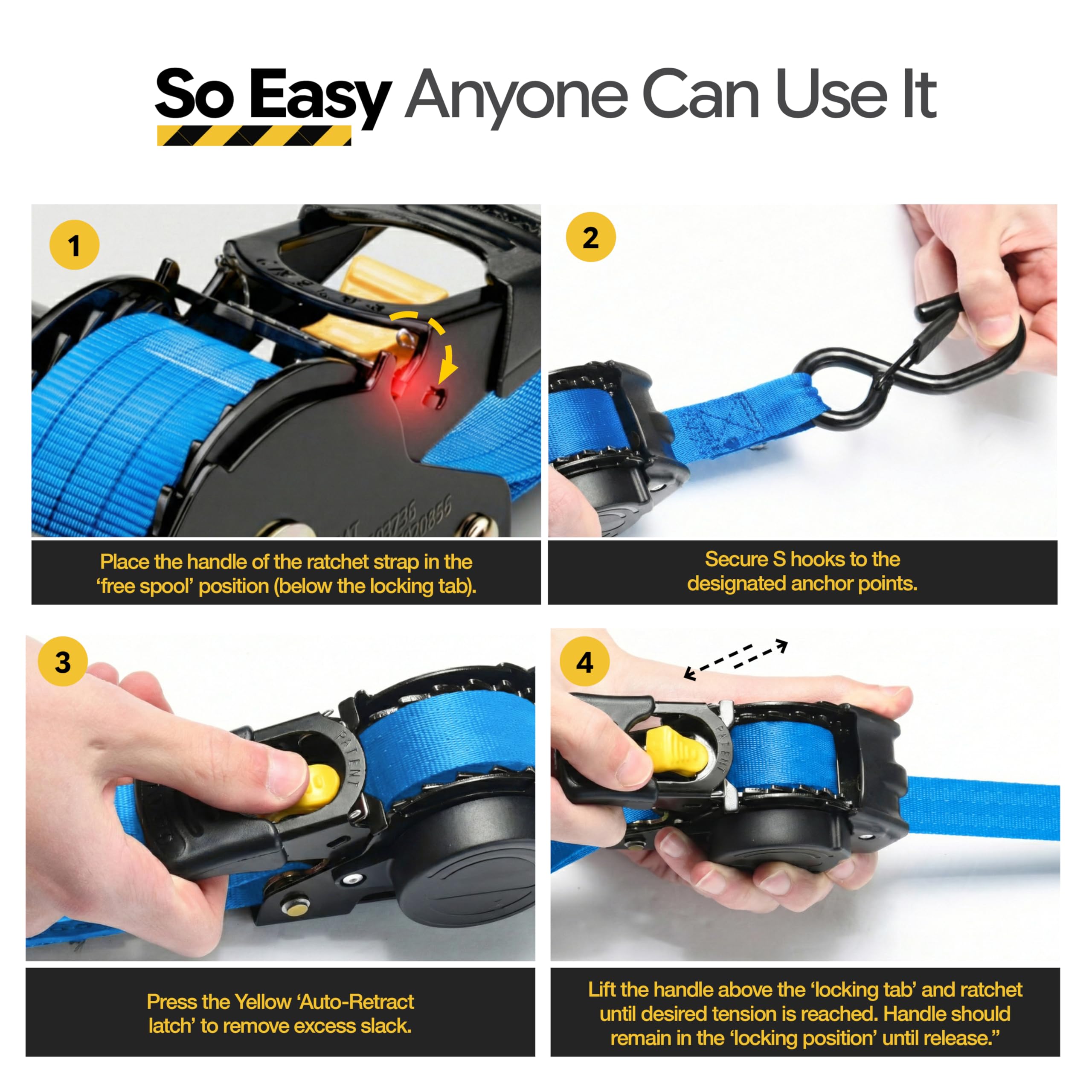 Snapklik.com : AUGO Retractable Ratchet Straps 4 Heavy Duty Ratchet ...