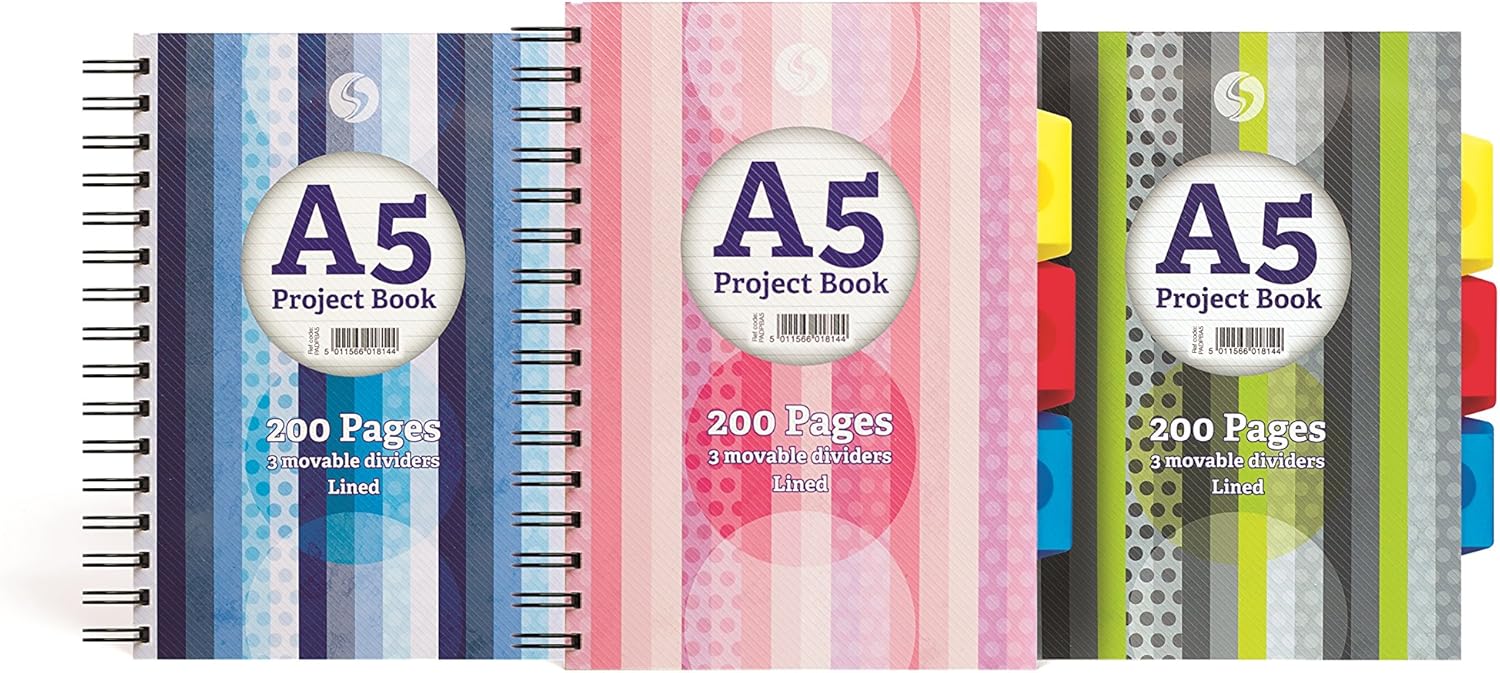 Silvine A5 project book 200 pages with 3 movable dividers lined spiral ...
