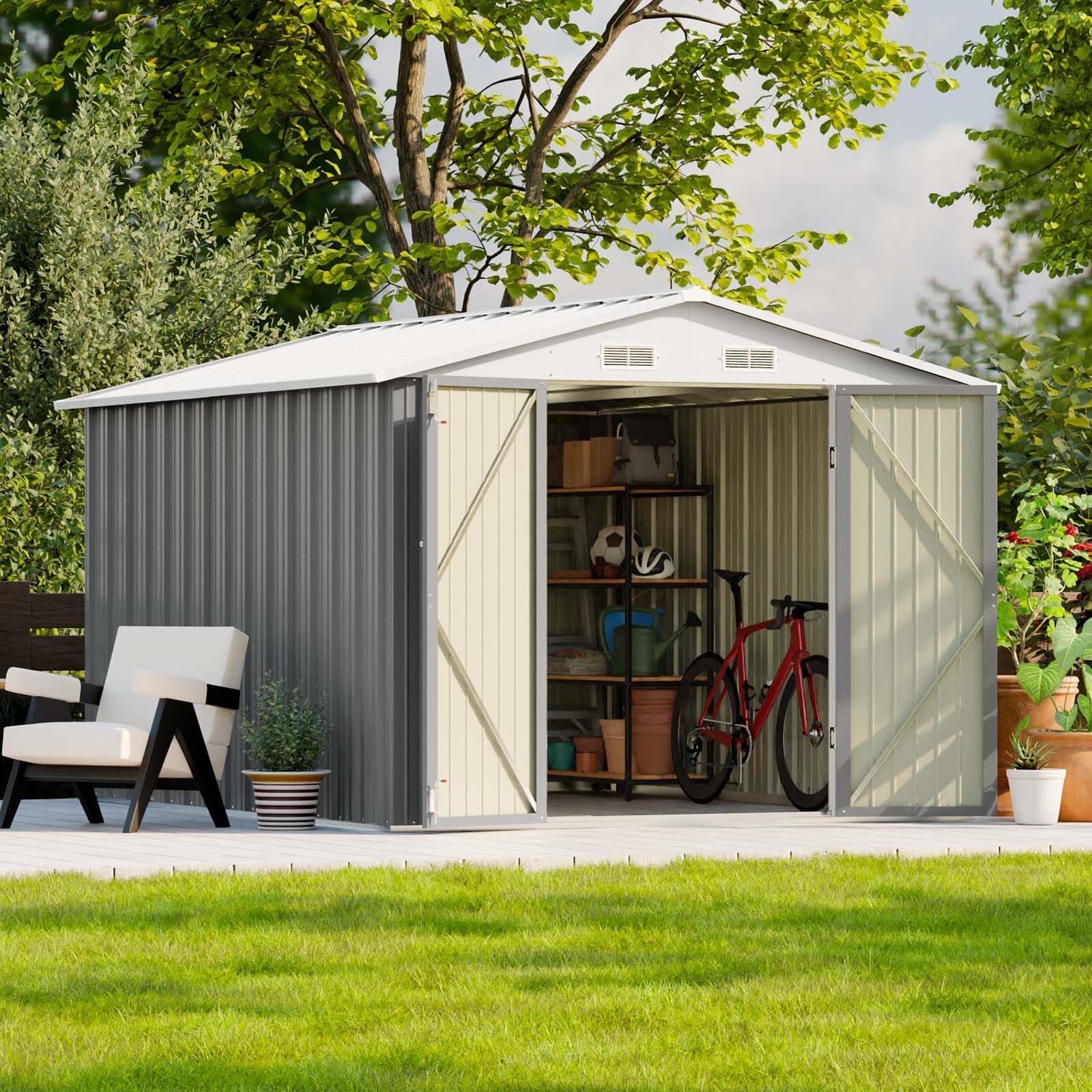 Amazon.com : EMKK 10x8 FT Outdoor Storage Shed, Galvanized Steel Metal ...
