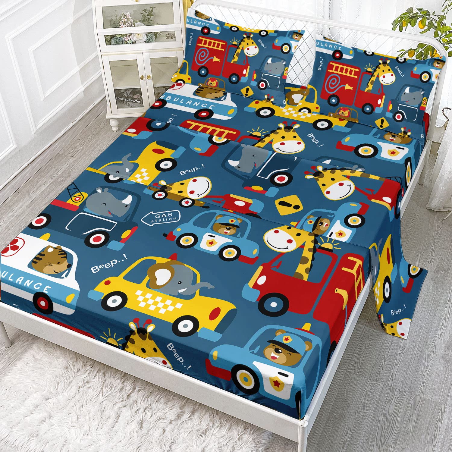 Amazon.com: Datura Home Kids Cartoon Car Sheet Bedding Set 4Pcs ...
