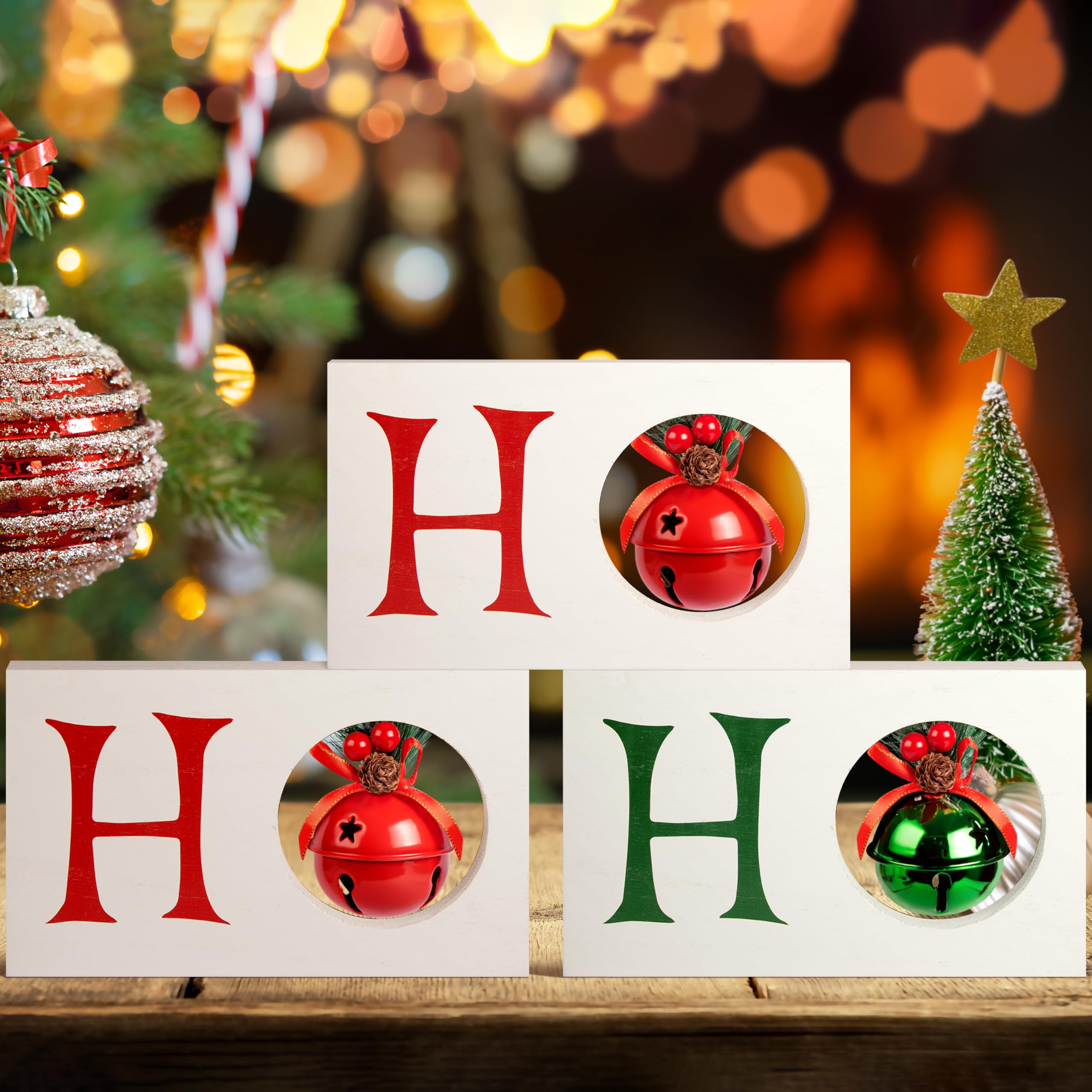 Amazon.com: Fayoo 3Pcs Christmas Wooden Block Sign Decorations, HO HO ...