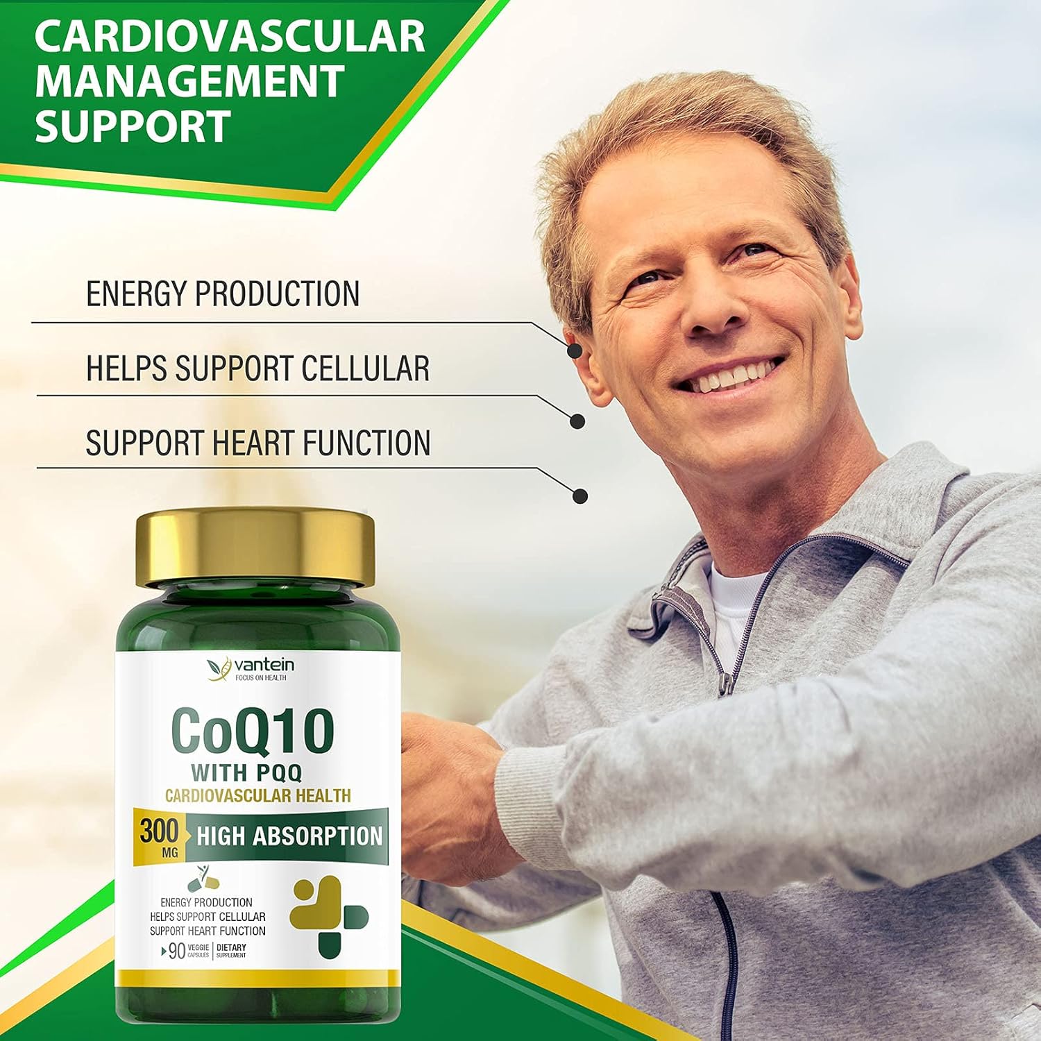 vantein CoQ10 Coenzima Q10 con PQQ 300 mg 90 cápsulas blandas suplemento dietético natural de ...