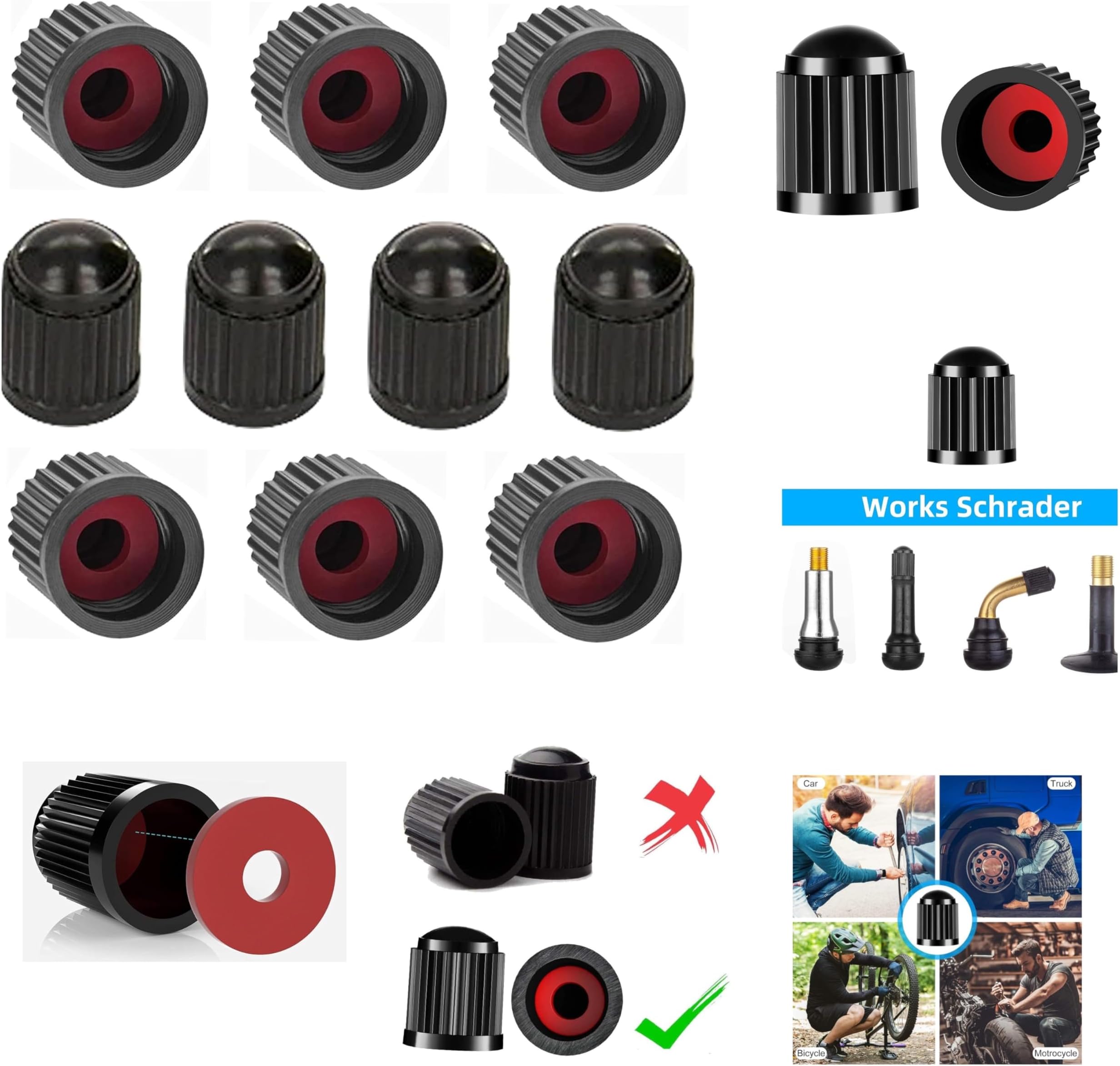 10 Plastic Tyre Valve Dust Caps (Black) with Seal for Universal fit ...
