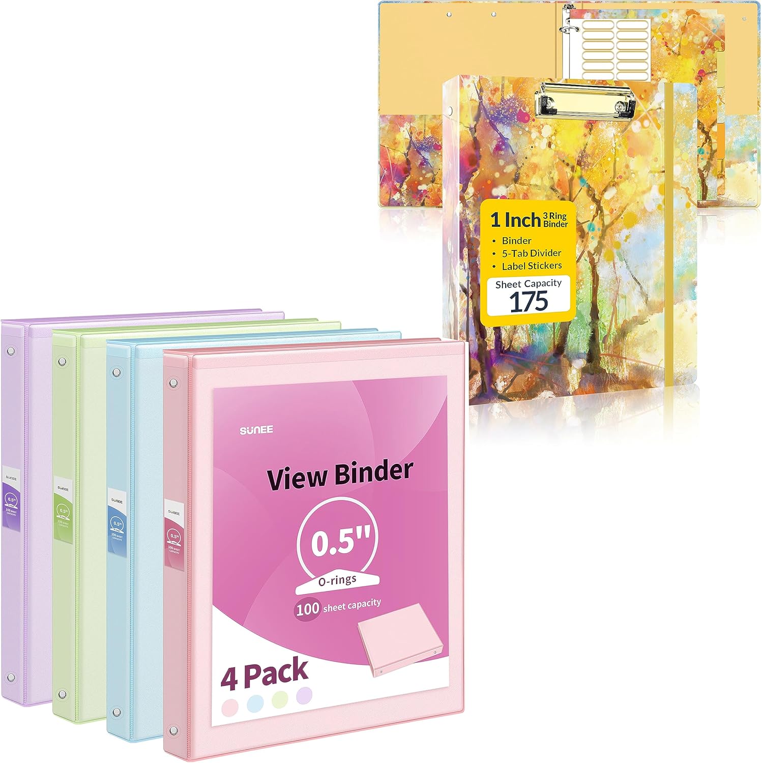 Amazon.com : SUNEE 3 Ring Binder 1/2 Inch 4 Pack Pastel Binder and 1 ...