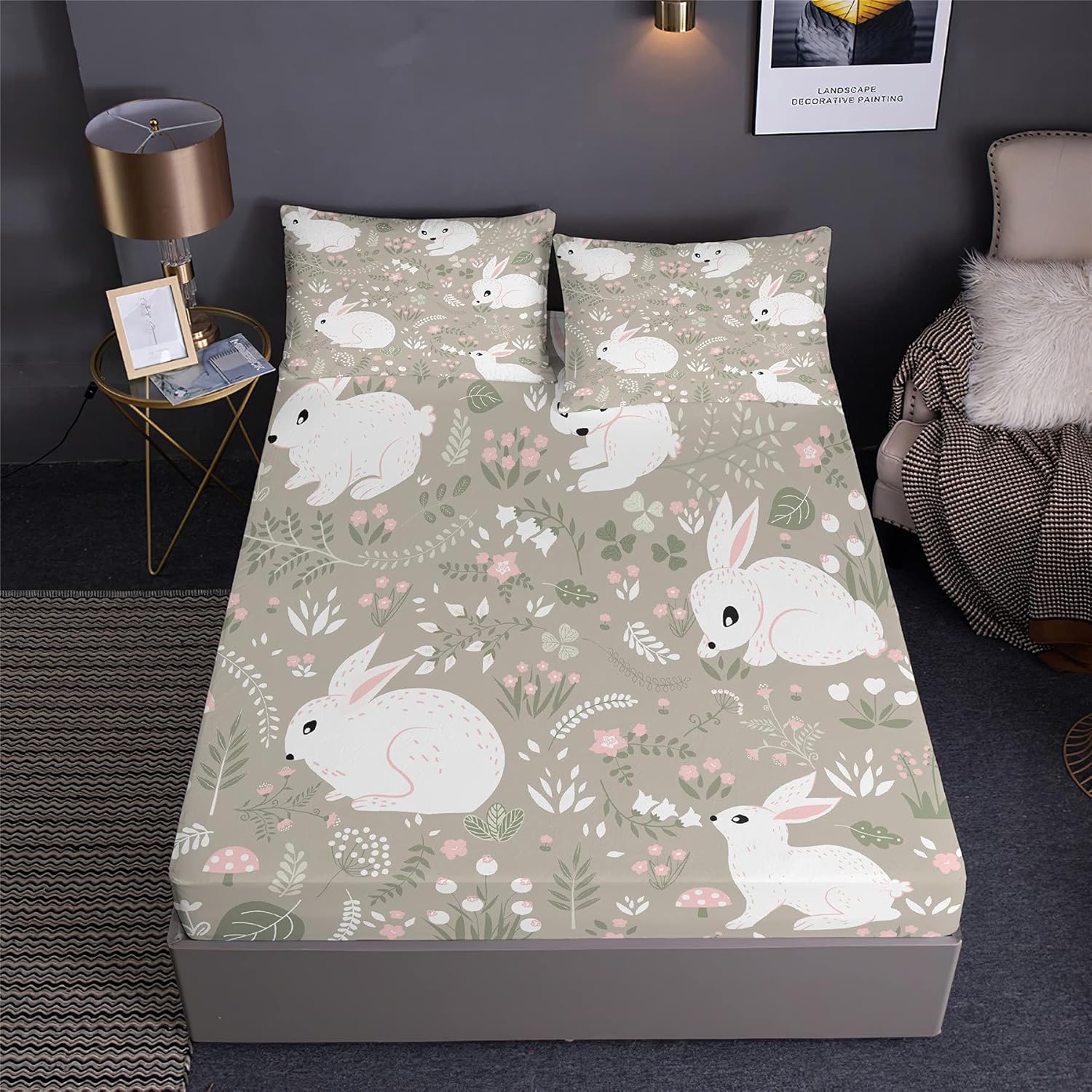 Amazon.com: DDD PLUS Kids Rabbits Fitted Sheet with Pillowshams Twin ...