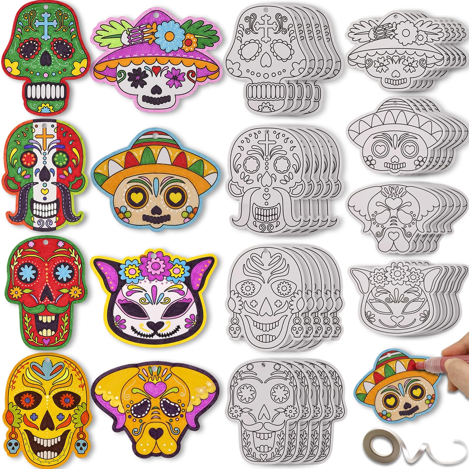 Amazon.com: 40 Pcs Sugar Skull Paper Ornaments Day of The Dead Coloring ...