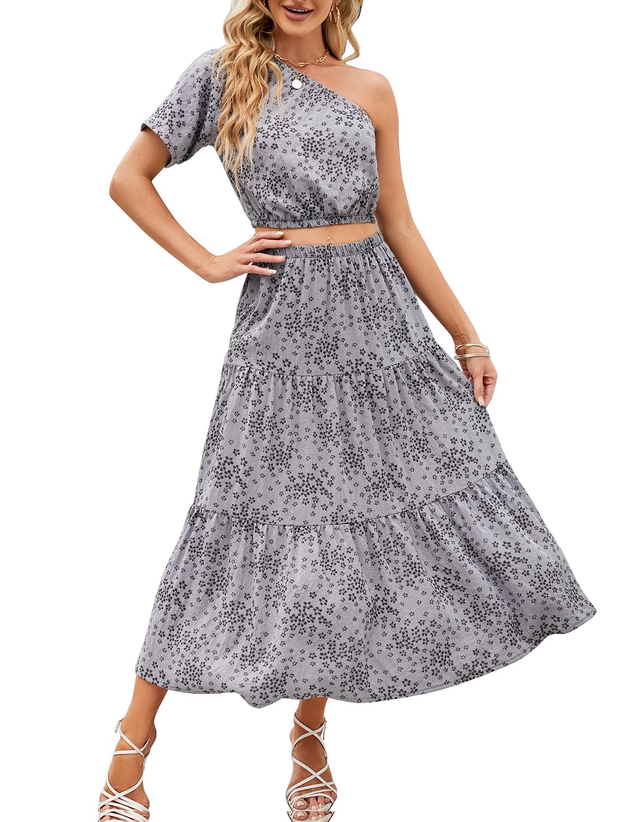 COZYPOIN Women Summer 2 Piece Outfits One Shoulder Crop Top and High ...