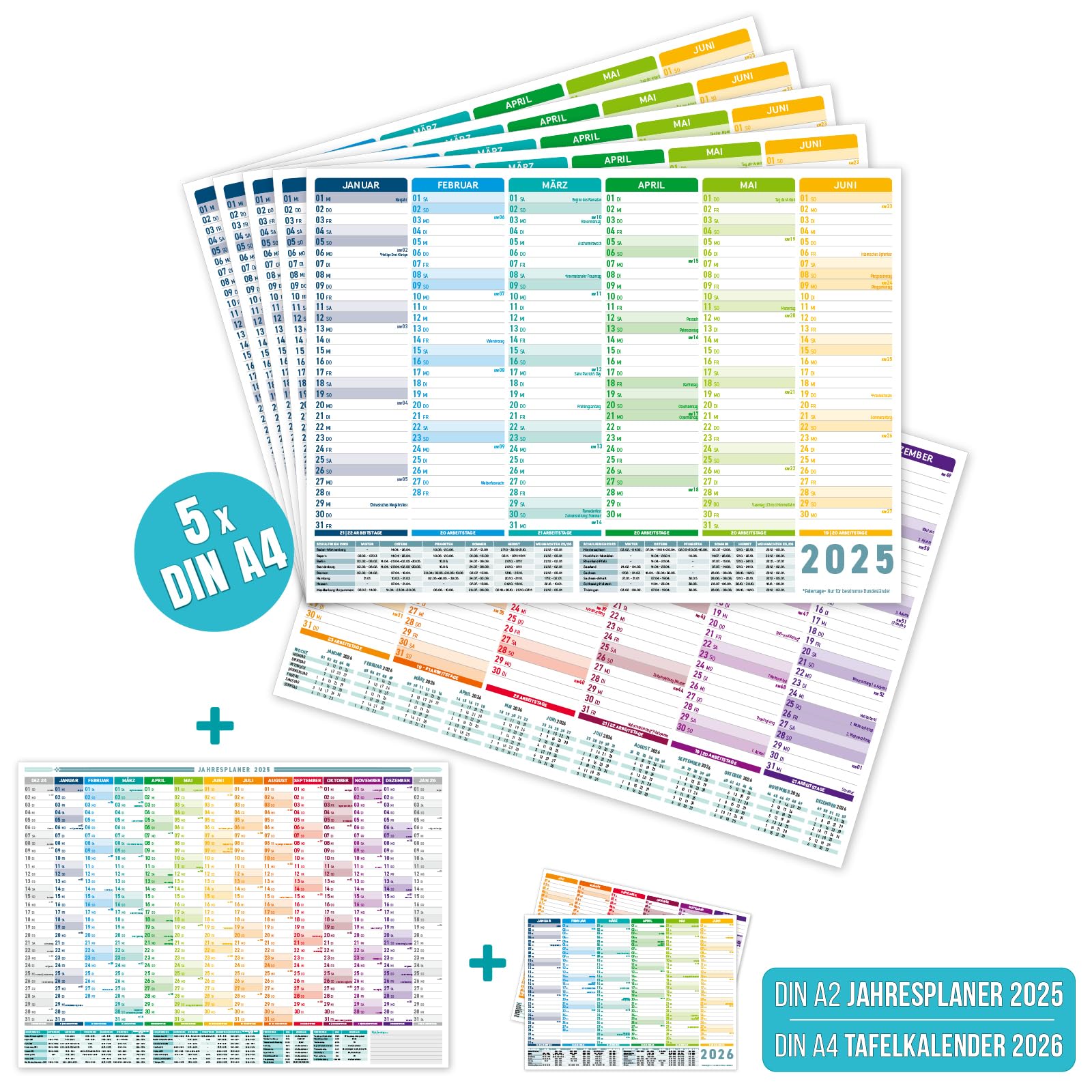 ZADAWERK® 5 calendriers tableau 2025 et 1 calendrier 2026 au format A4 ...