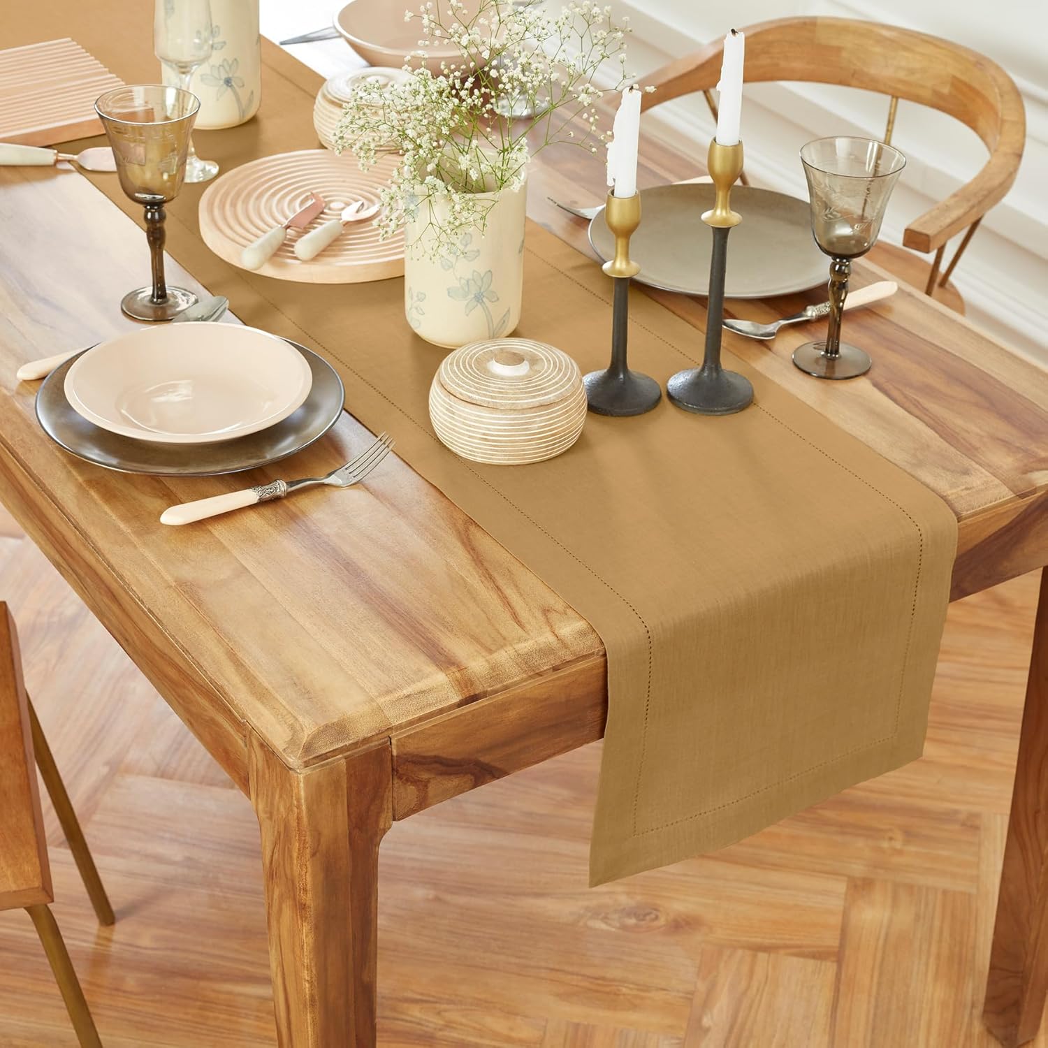 Amazon.com: Solino Home Linen Camel Hemstitch Table Runner 48 Inches ...