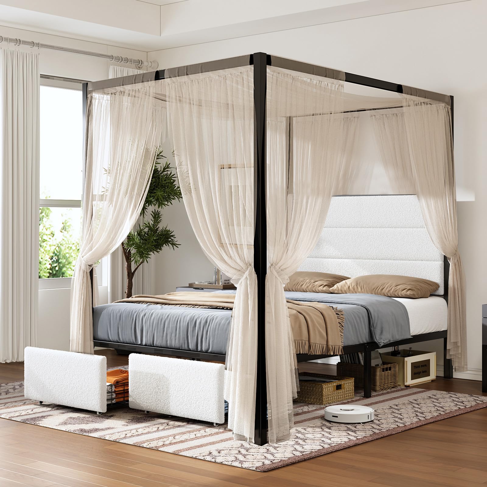 Amazon.com: AMERLIFE Queen Size Canopy Bed Frame with 2 Drawers & 4 ...