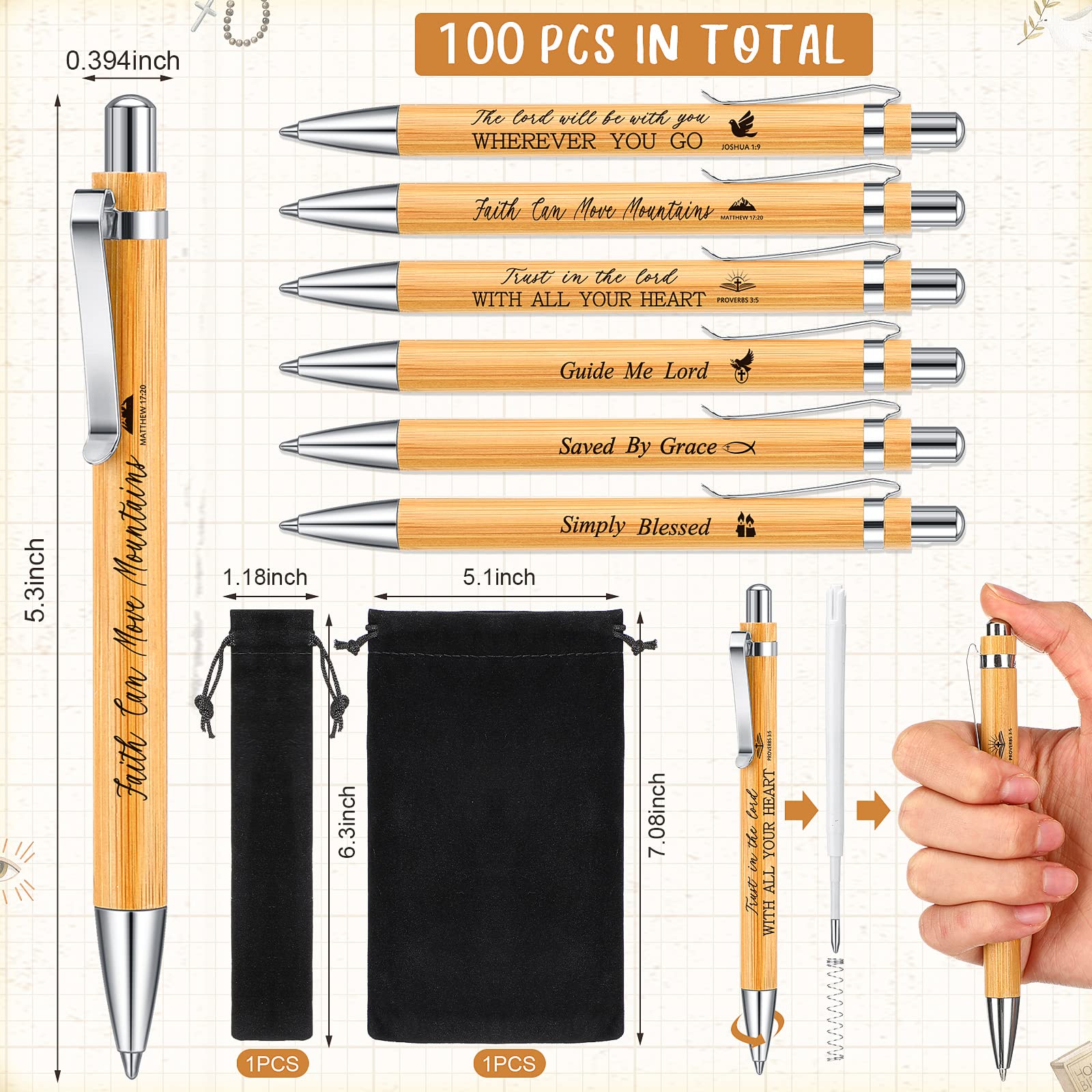 Roowest 100 Pcs Bible Verse Ballpoint Pen Wood Bamboo Christian Pen ...