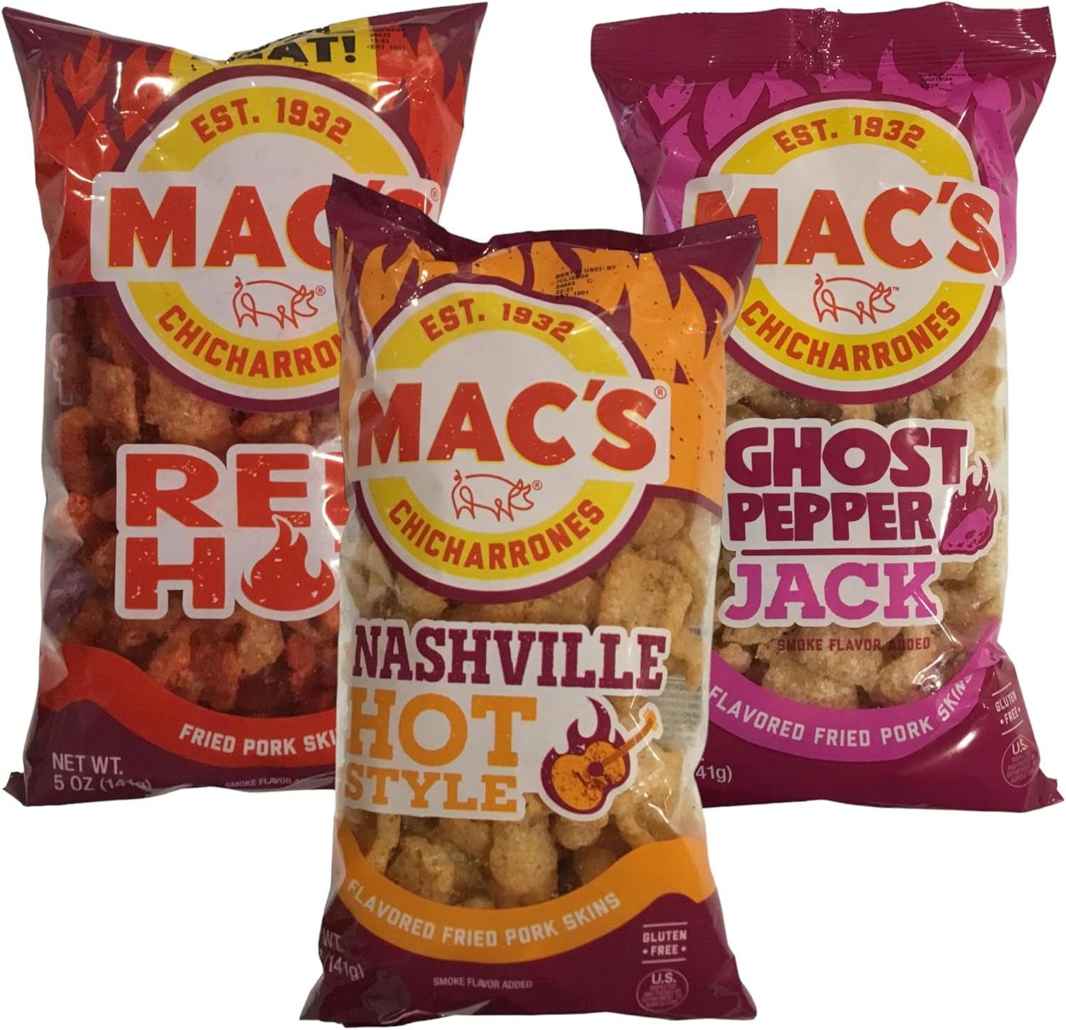 Macs Chicharrones Fried Pork Rinds/Skins Bundle of "HEAT" 1 each "Red ...