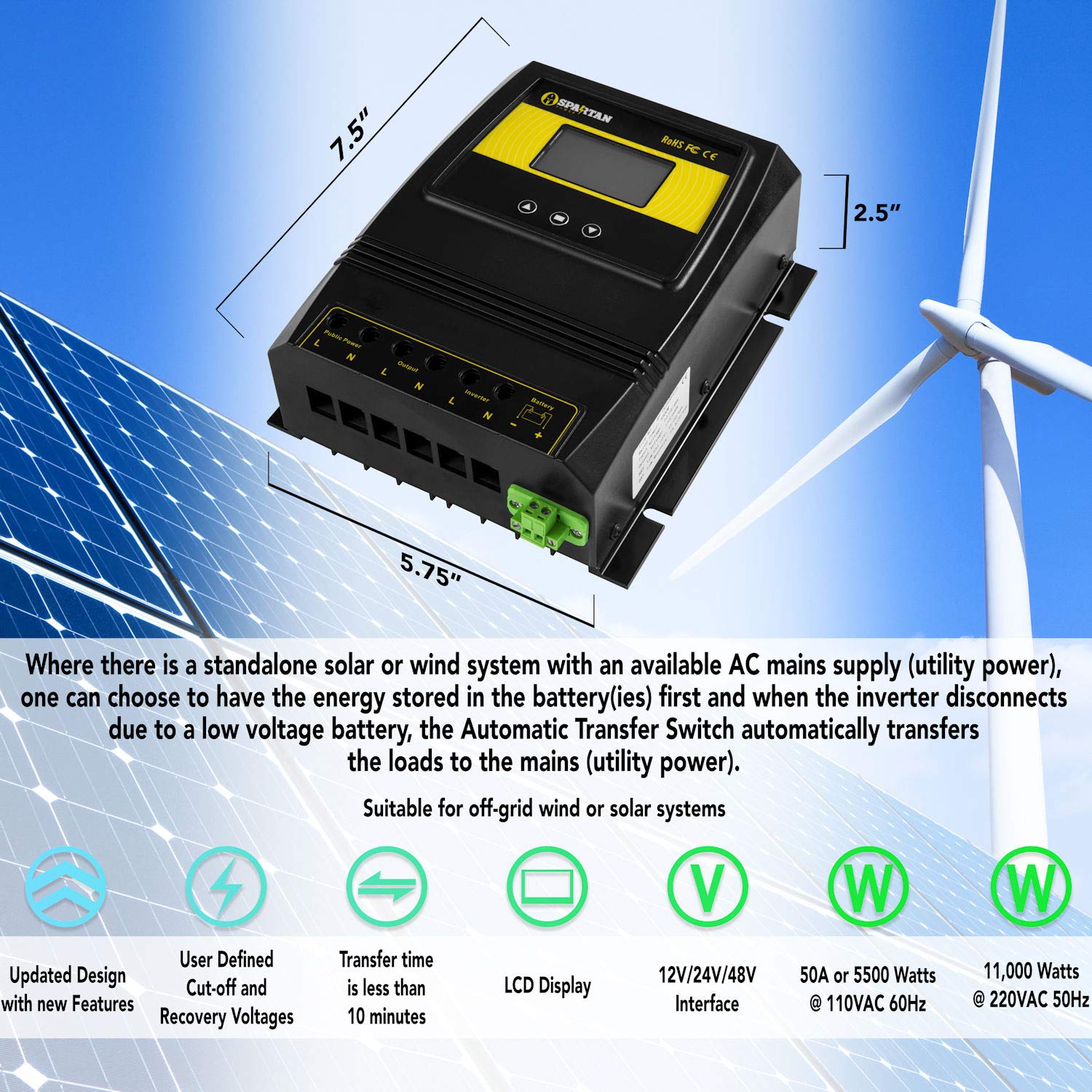 Spartan Power 50A 5500W Auto Transfer Switch for Off Grid Solar & Wind ...