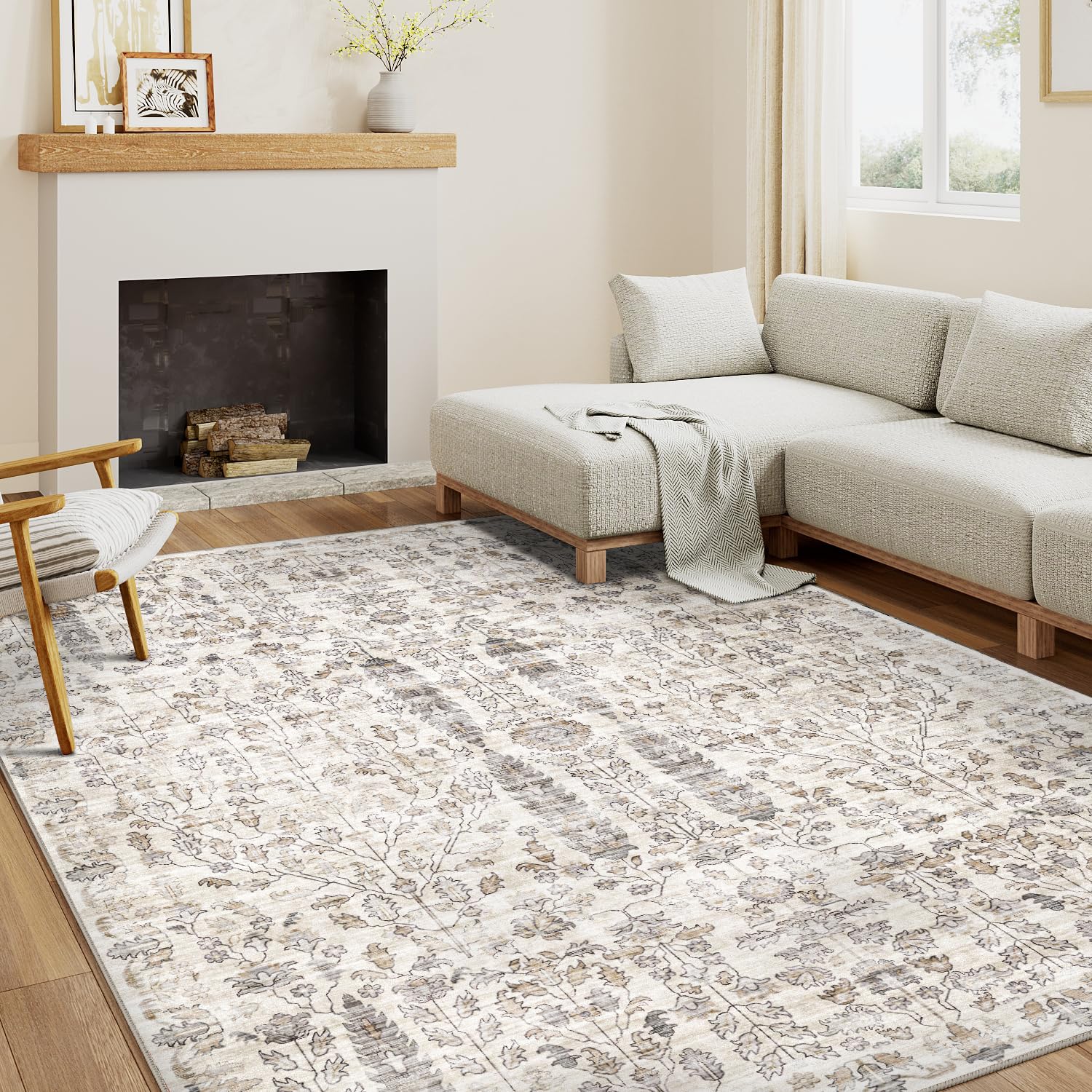 Amazon.com: WondRg 5x7 Washable Neutral Area Rug Beige Grey Living Room ...