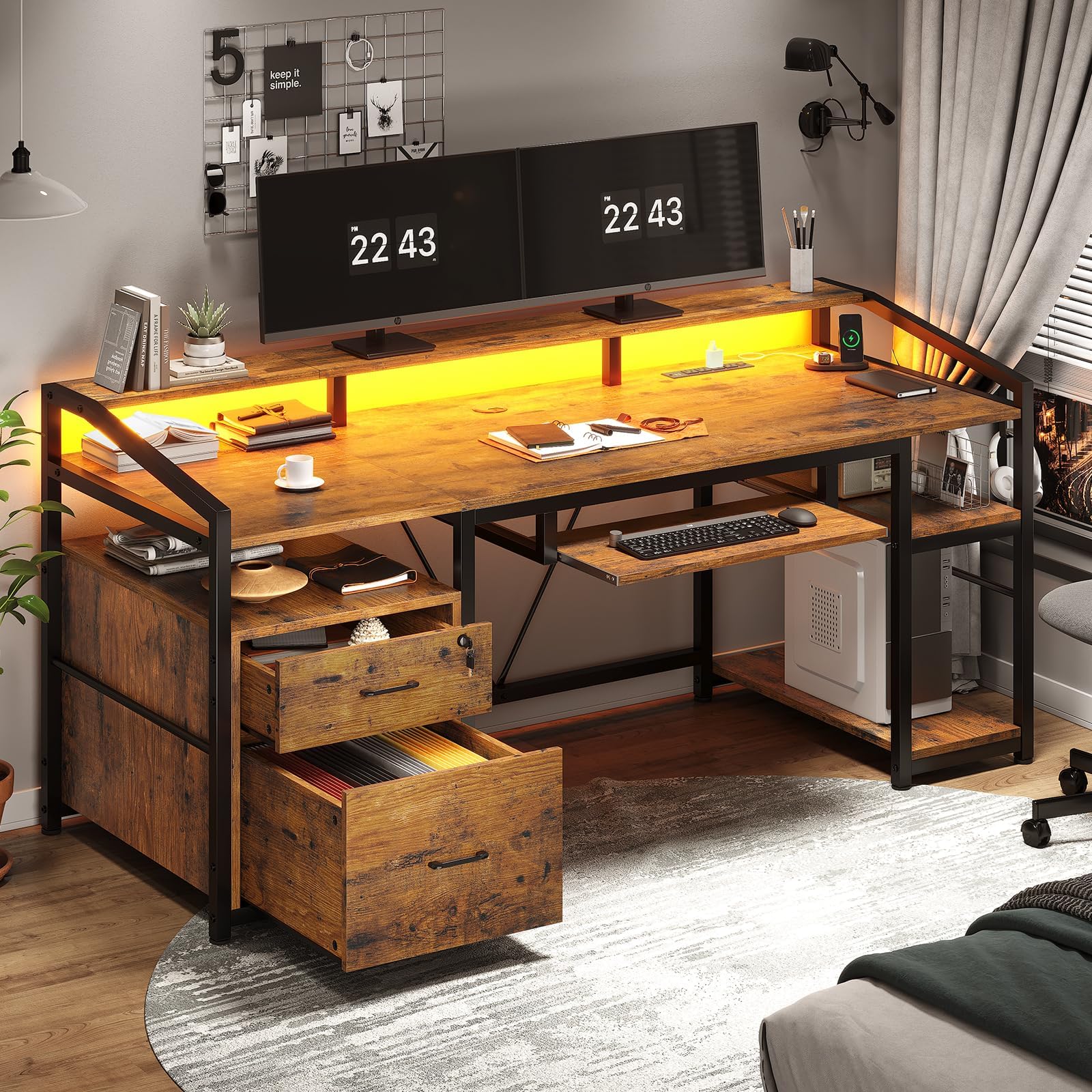Amazon.com: LITFAD Office Desk Modern Computer Desk Brown Wood Writing ...