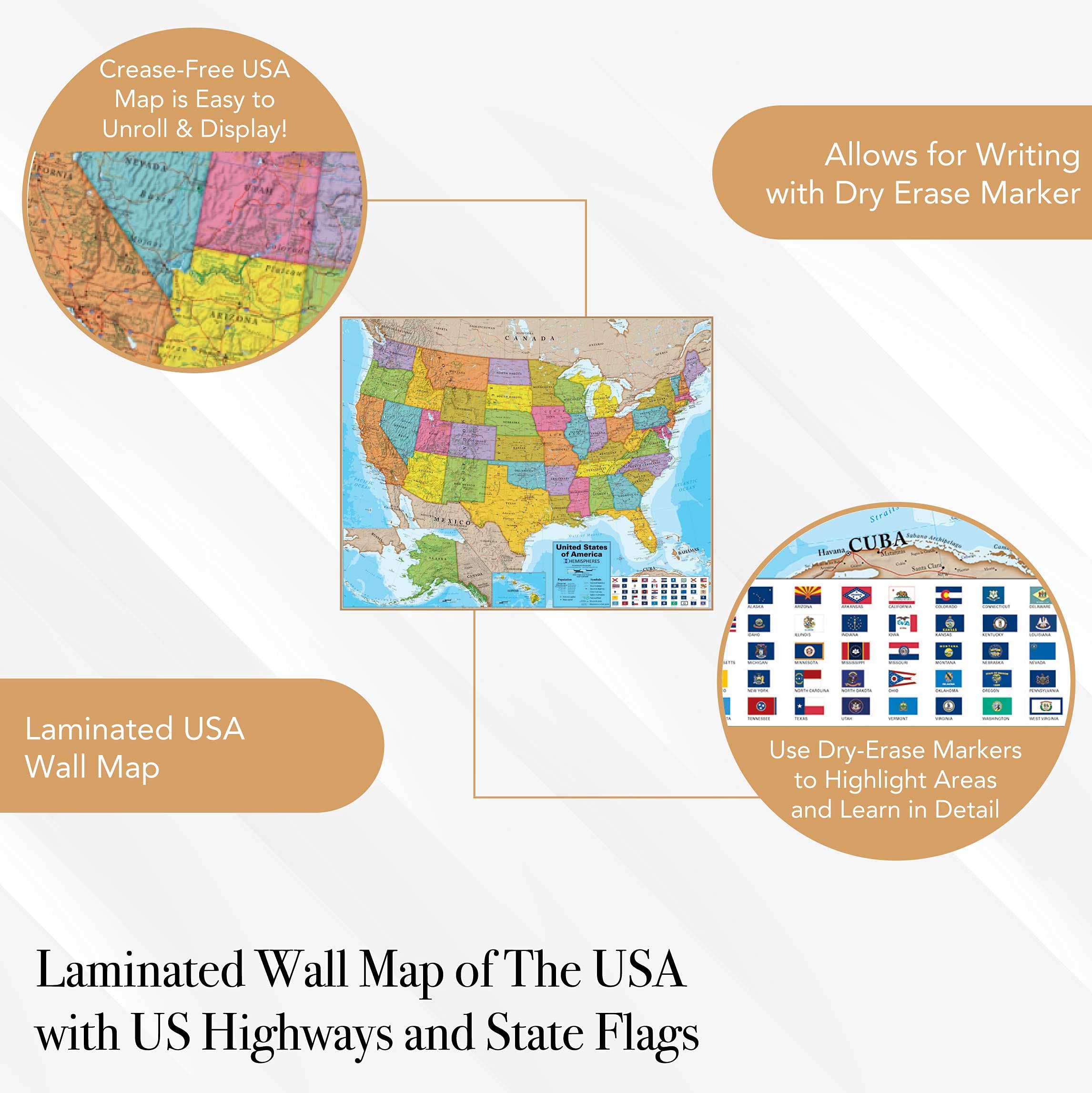 Waypoint Geographic Hemispheres Laminated USA Wall Map w/Blue Oceans ...