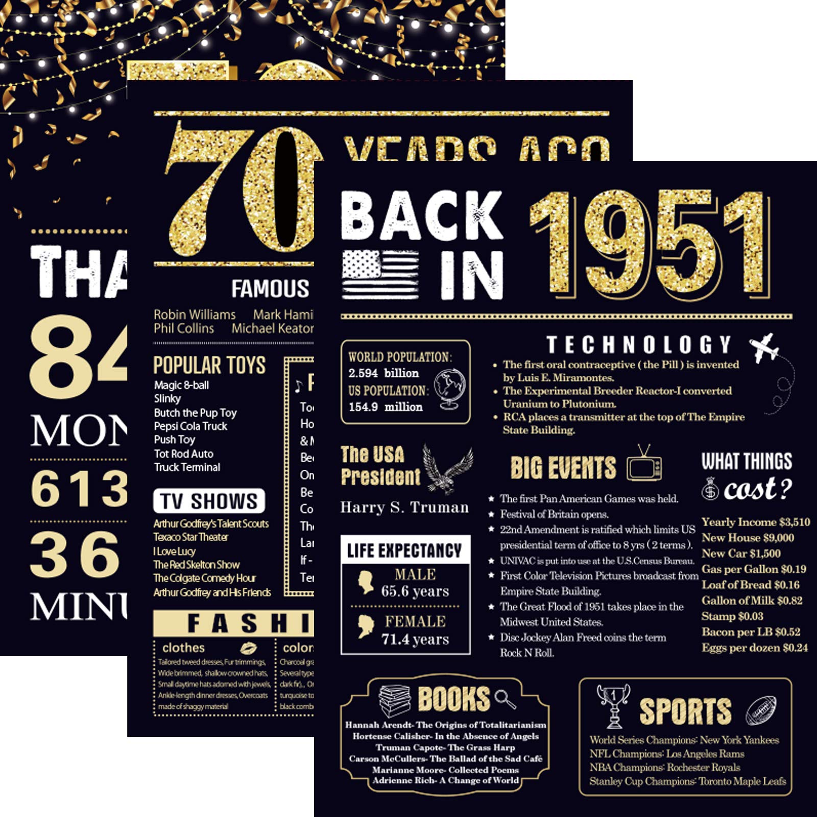 Buy 70 Years Ago 70th Birthday Wedding Anniversary 3 Pieces 11 x 14 70s ...