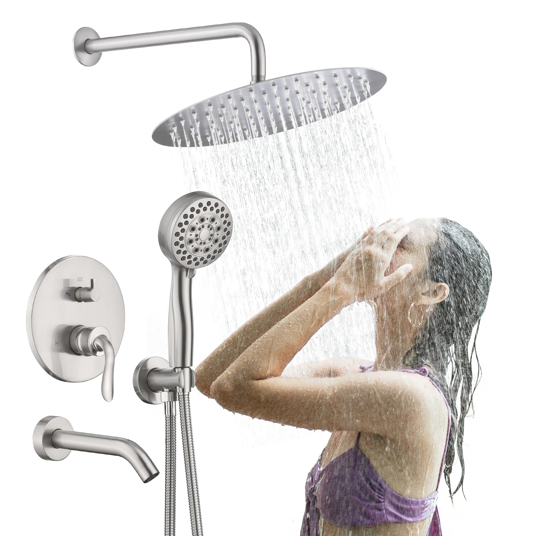 Fransiton 8 Inches Brushed Nickel Shower Faucet Set with Tub Spout ...