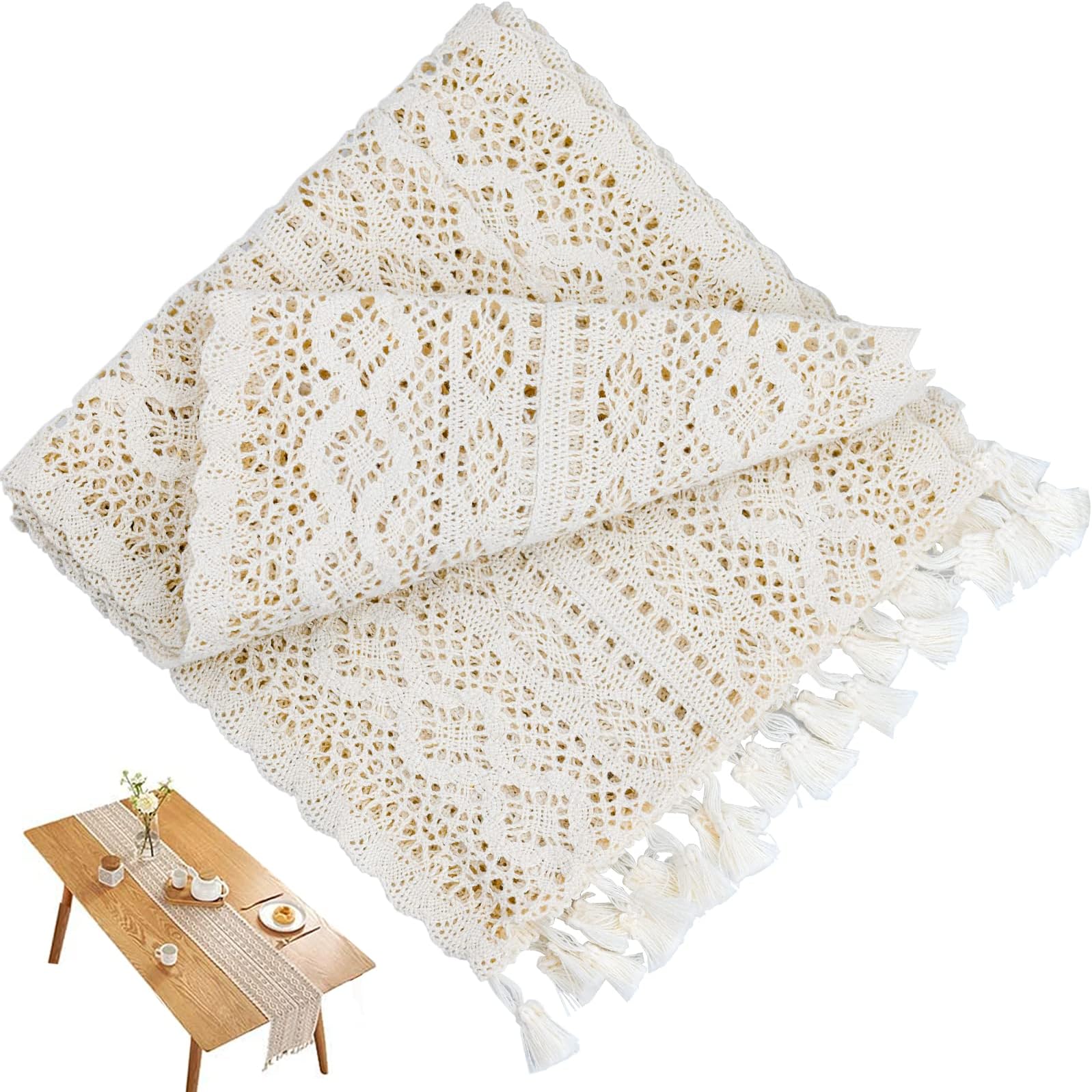 Runner da tavola, in pizzo bianco ricamato con motivo a fiori, centrino ...