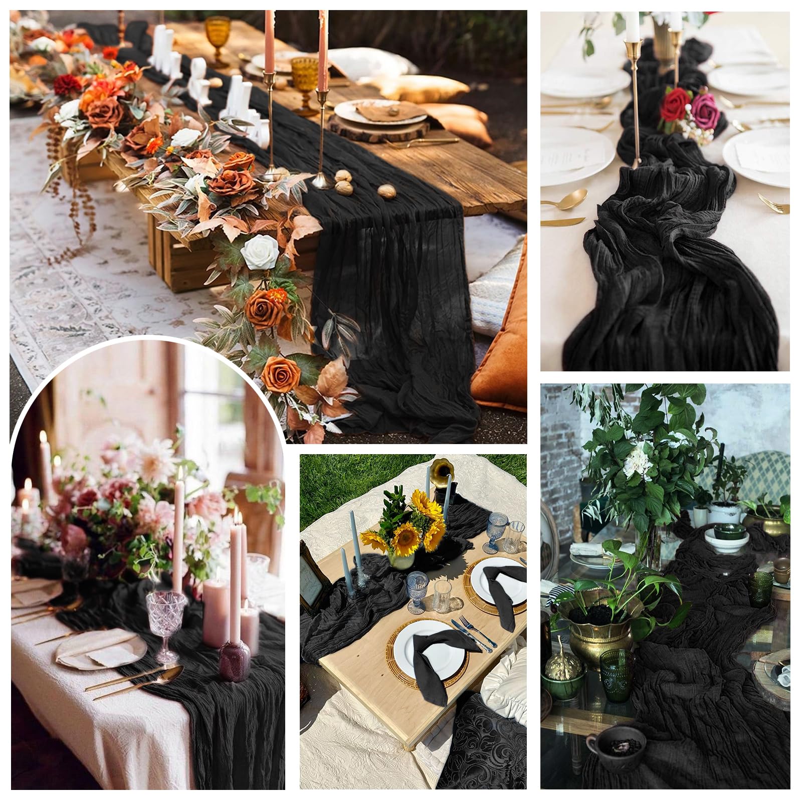 Snapklik.com : 15 Pcs Black Cheesecloth Table Runner 10ft Boho Gauze ...