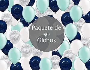 Paquete Globos Azul Marino Verde Menta,Plata Blanco | Relleno Confeti ...