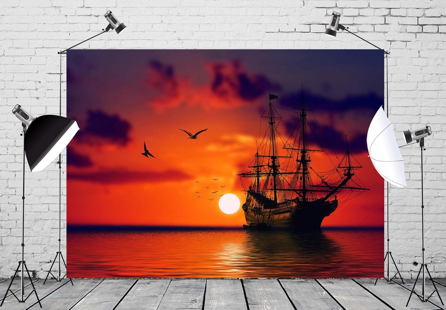 Amazon.com : CORFOTO 7x5ft Pirate Ship Photo Backdrop Red Sunset Canvas ...