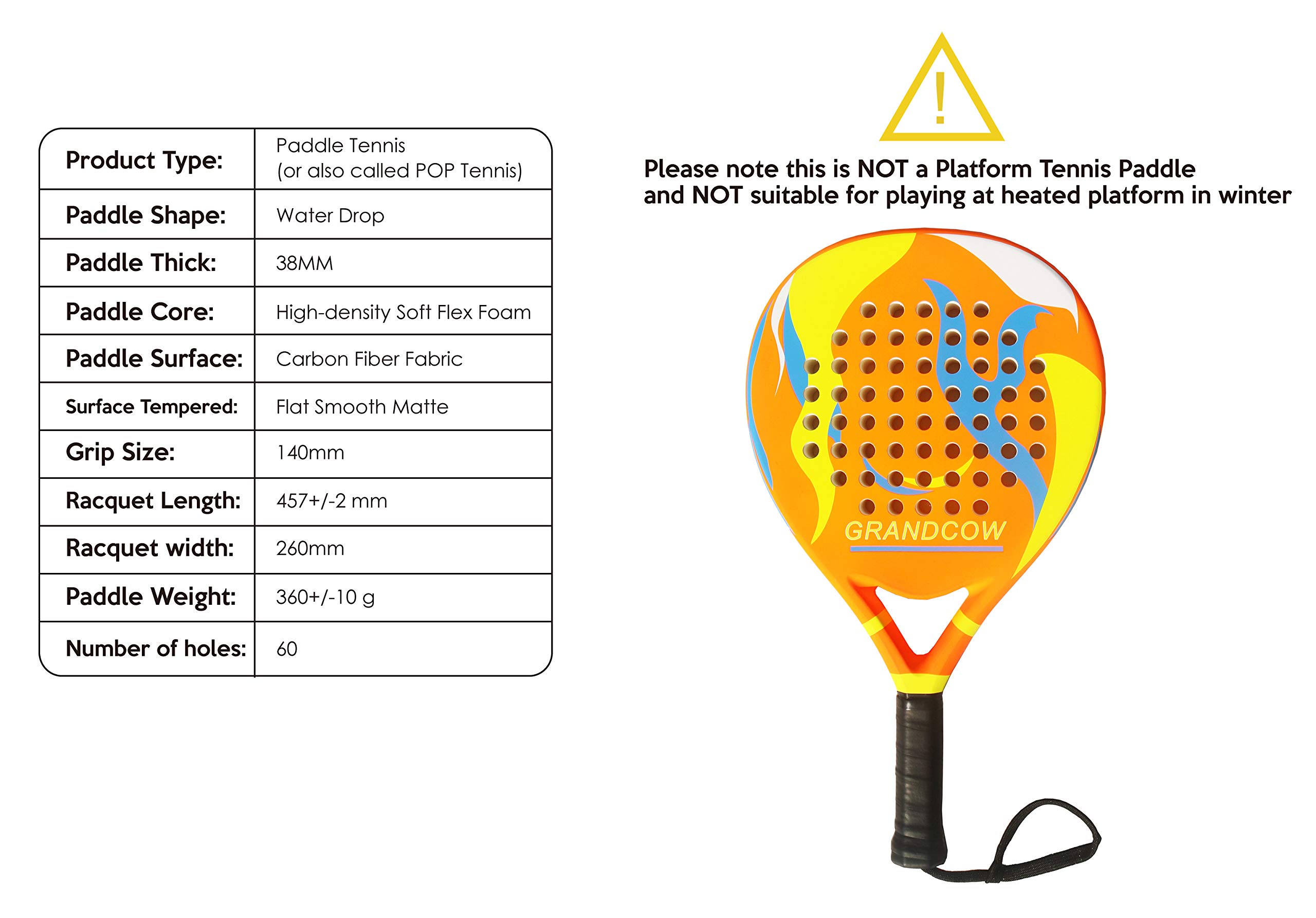 Buy GRANDCOW Paddle Tennis Racket Carbon Fiber Power Lite Pop Tennis ...