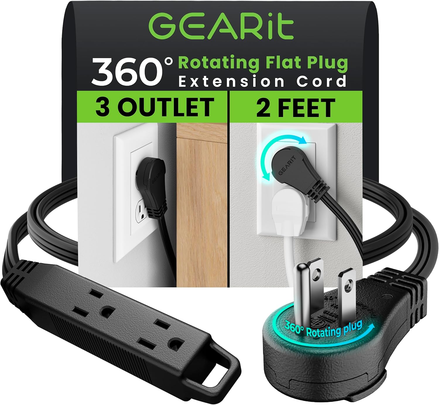 Amazon.com: GEARit 360 Rotating Flat Plug Extension Cord (2ft, Black ...