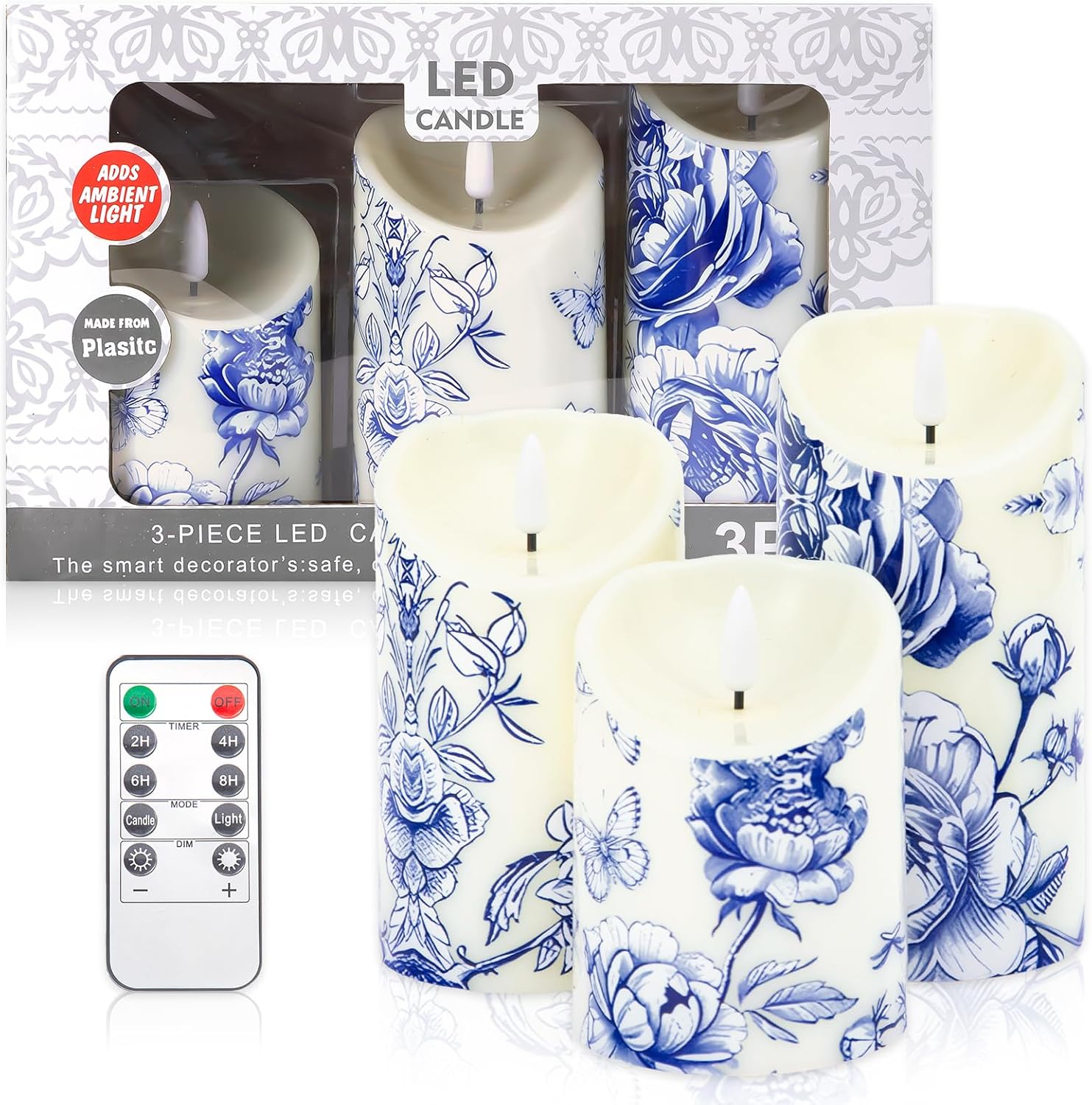 Amazon.com: 3 Pcs Blue and White Flameless Candles Chinoiserie Candles ...