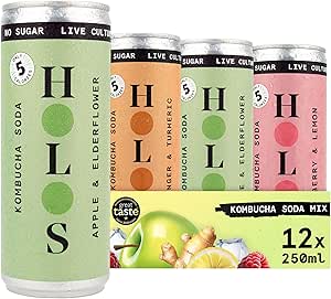 HOLOS Kombucha Drink Sparkling Soda Cans 12 x 250ml Mixed Case 3x Each of Raspberry & Lemon ...