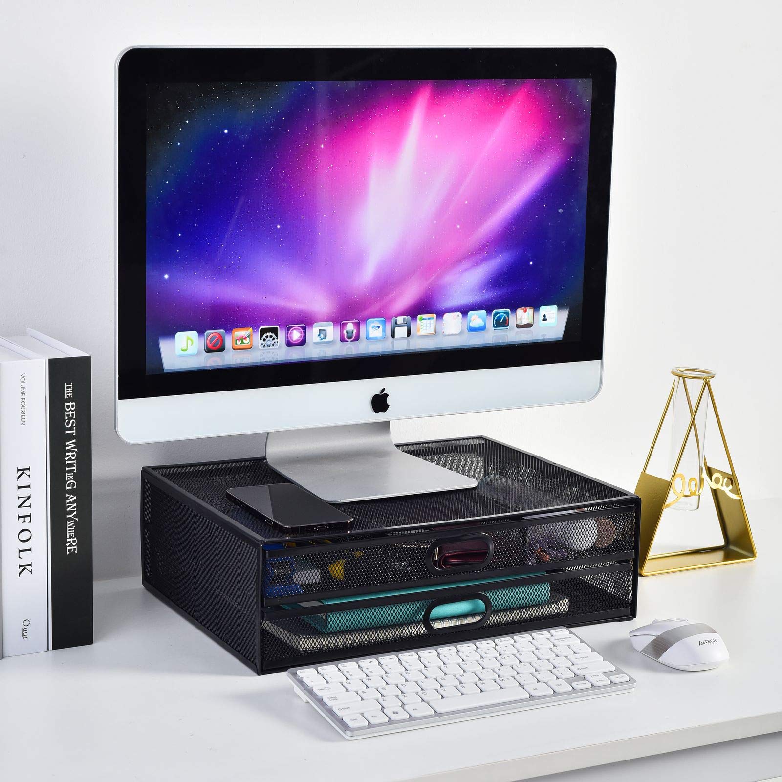 Buy Monitor Stand Riser with Drawer - Metal Mesh Desk Organizer with ...