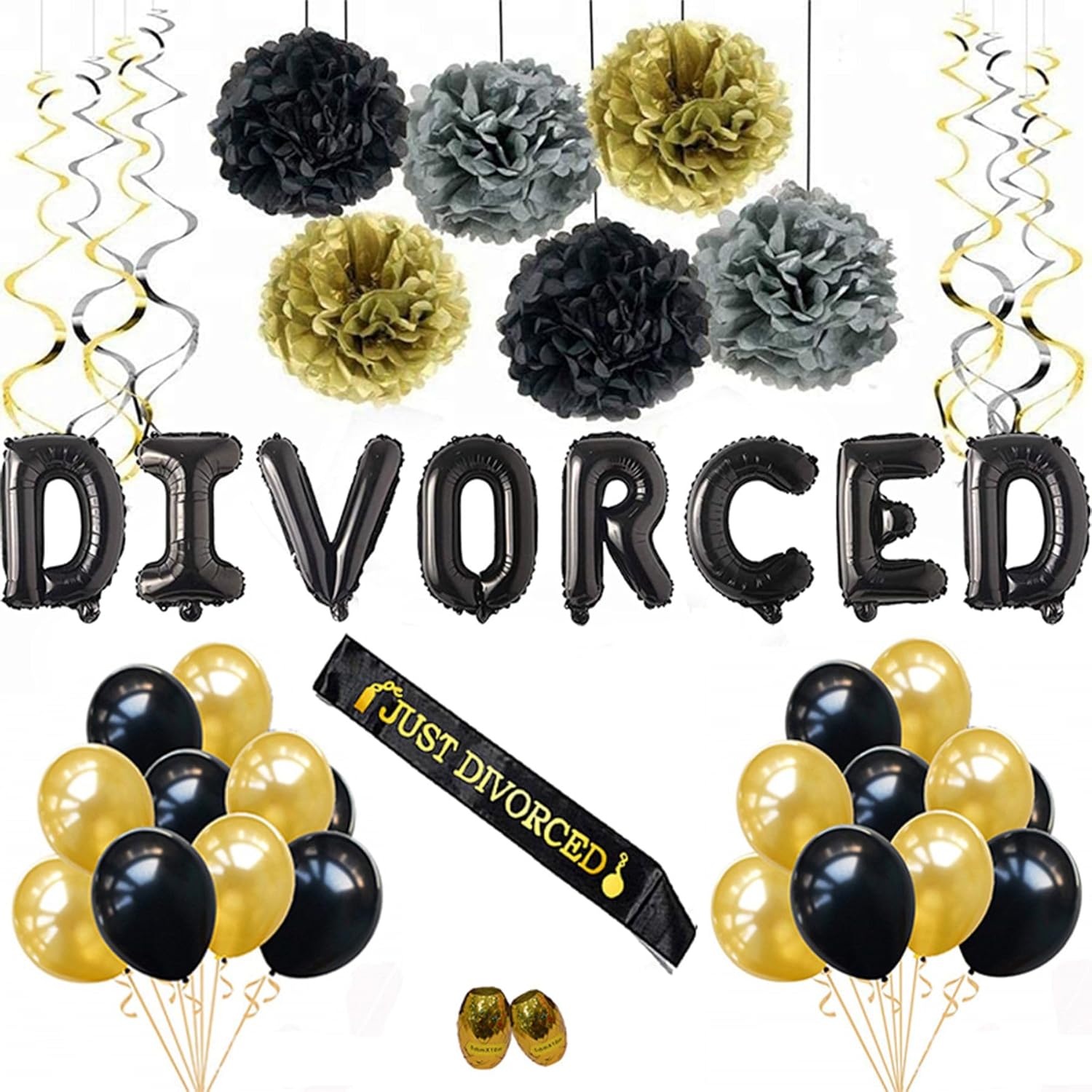 Generic Divorce Party Decorations - Sash, Balloons, Gold Fringe Curtain ...