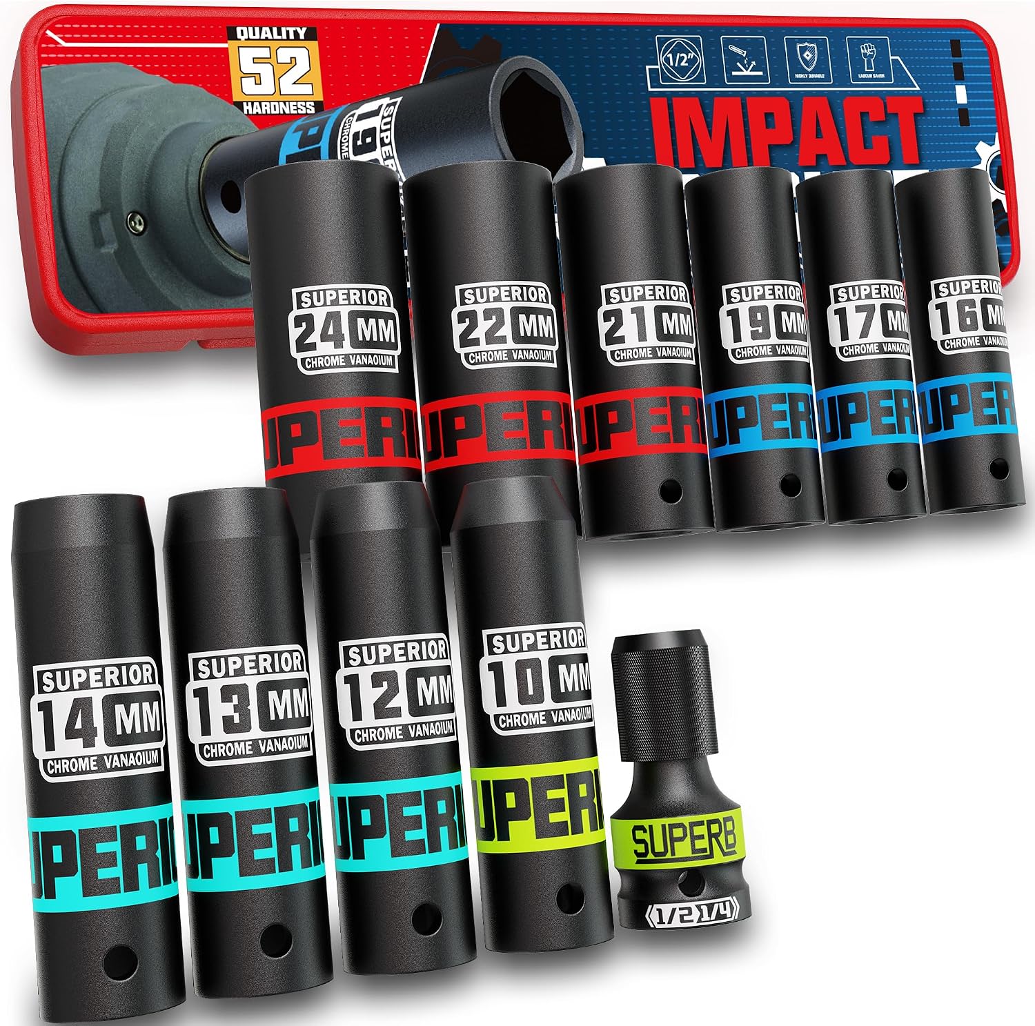 Arwealxs 11-Piece 1/2'' Impact Socket Set, 10-24mm Metric Deep Sockets ...