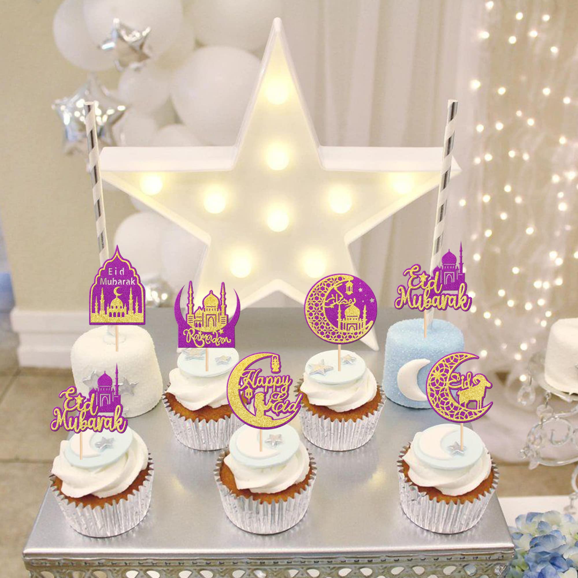 Snapklik.com : 24 PCS Eid Mubarak Cupcake Toppers Glitter Happy Eid ...