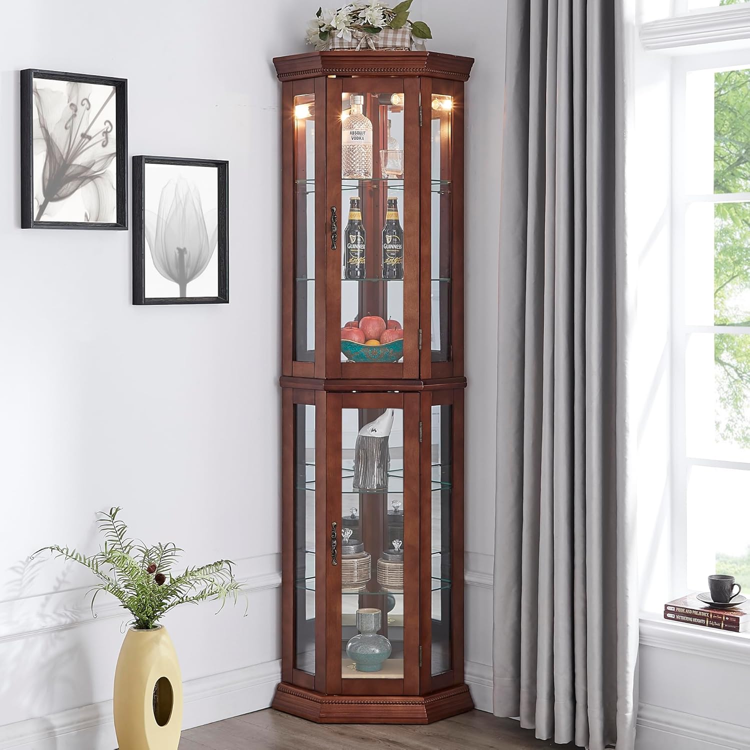Amazon.com: Walnut Lighted Display Cabinet with Glass Doors, Corner ...