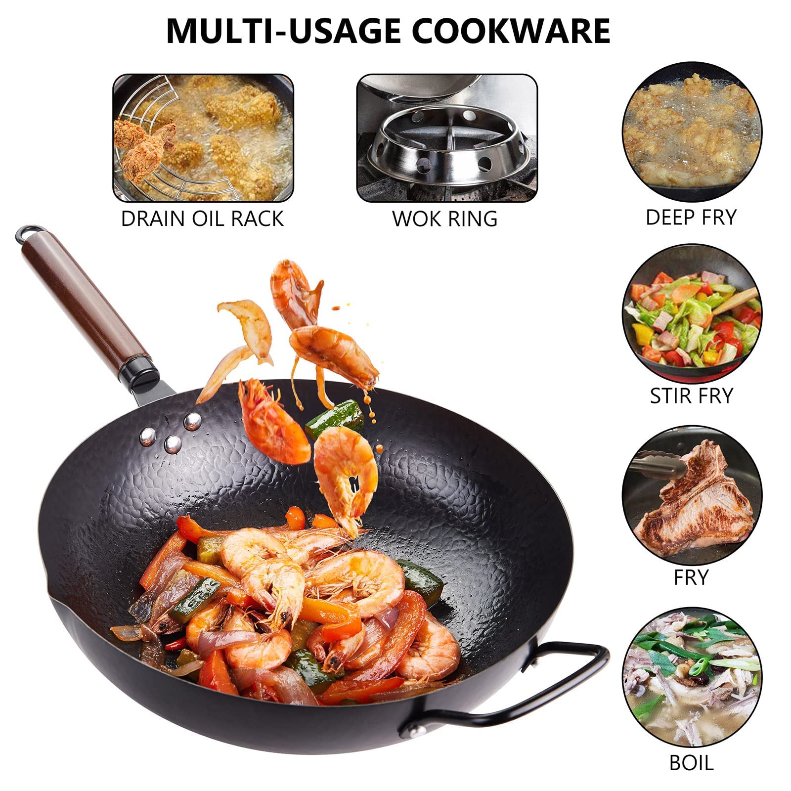 Buy 13'' Carbon Steel Wok Pan with Lid and Spatula, 15Pcs Stir Fry Pans ...
