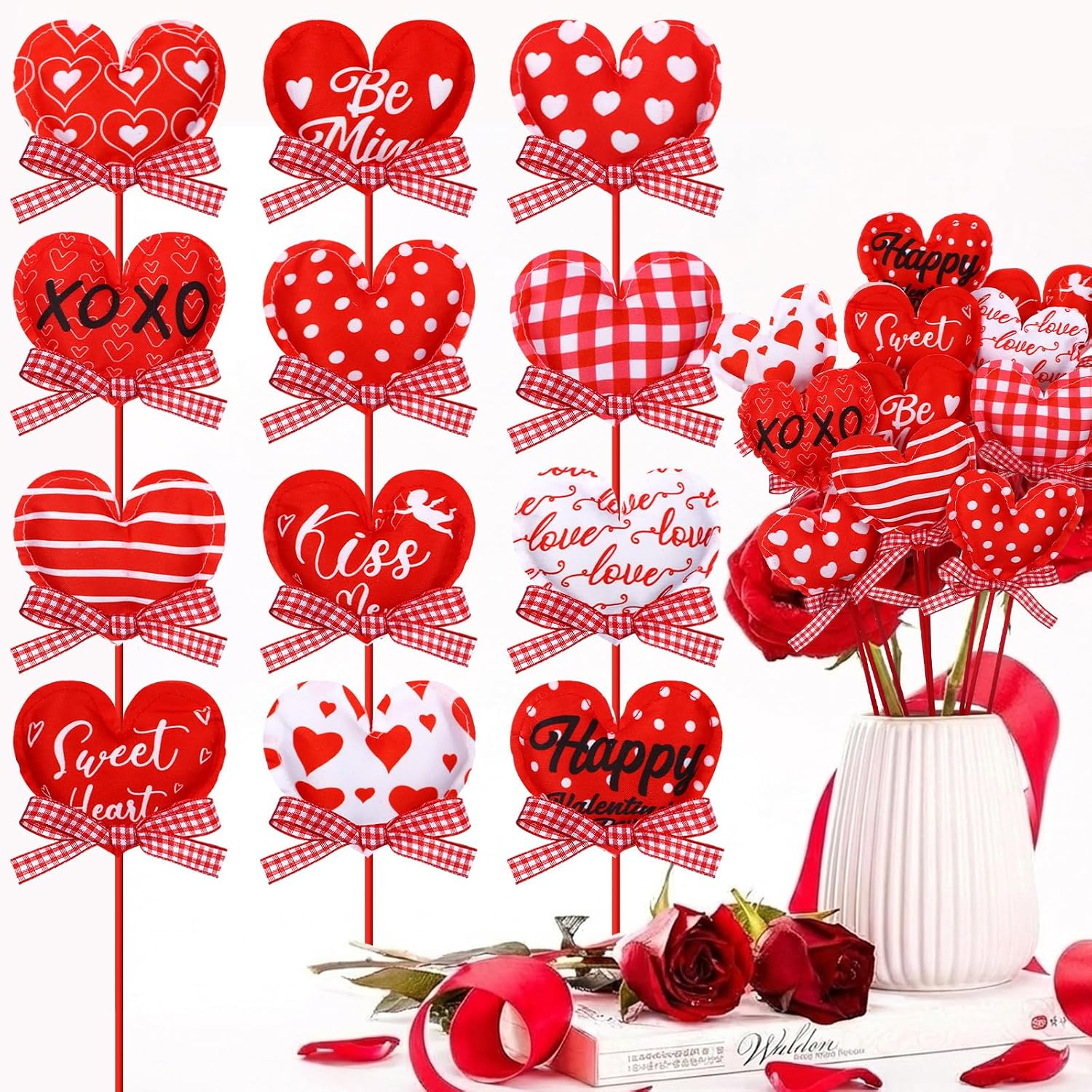 Amazon.com: Beeveer 12 Pcs Valentine's Day Heart Flower Picks Hearts on ...
