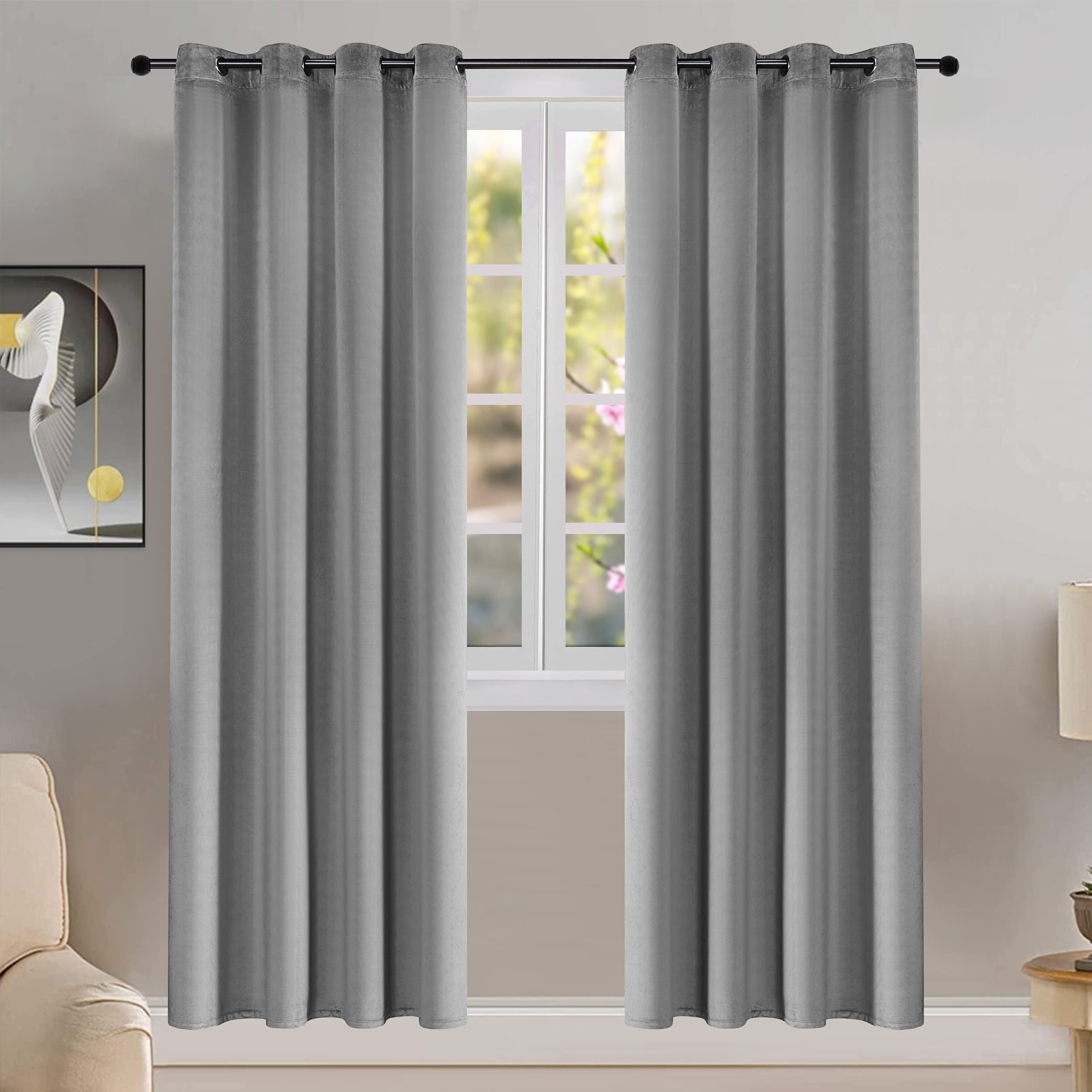 ZHAOFENG Grey Gray Velvet Curtains 72 inches with Grommet, Blackout ...