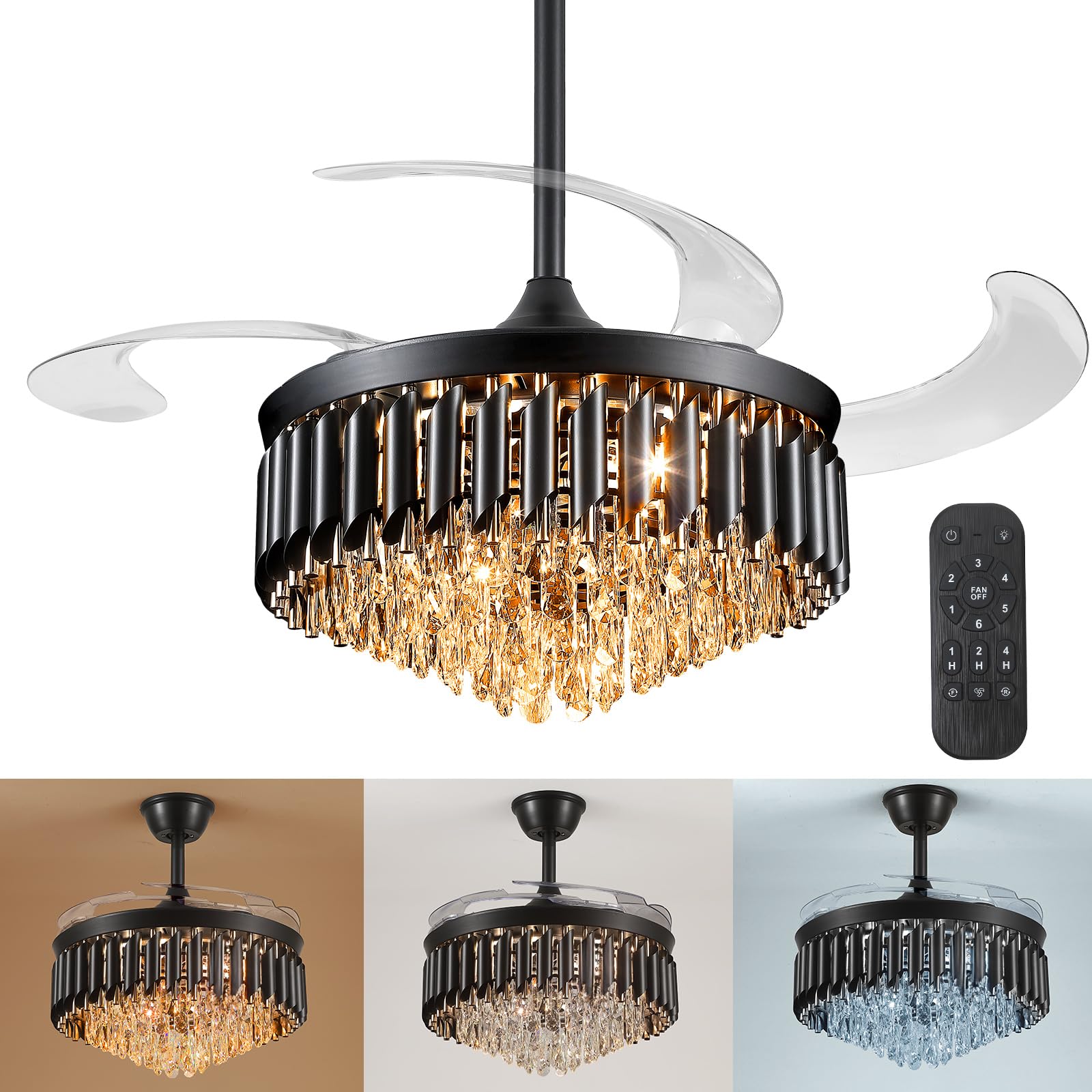 Snapklik.com : ZOEYON 48 Inch Crystal Ceiling Fan - Retractable ...