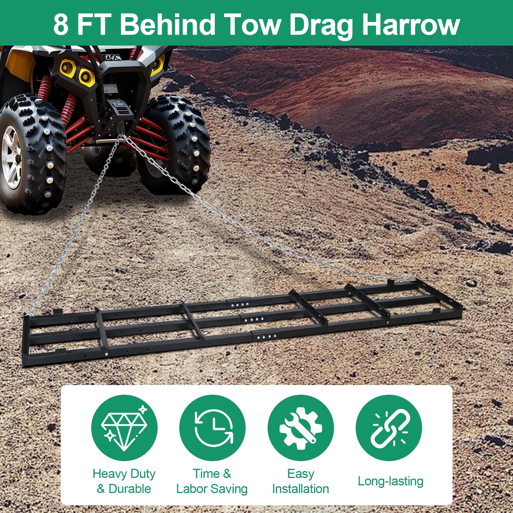 Lawn Leveling Rake Heavy-Duty 66" Drag Harrow - ATV/Tractor Tow-Behind ...