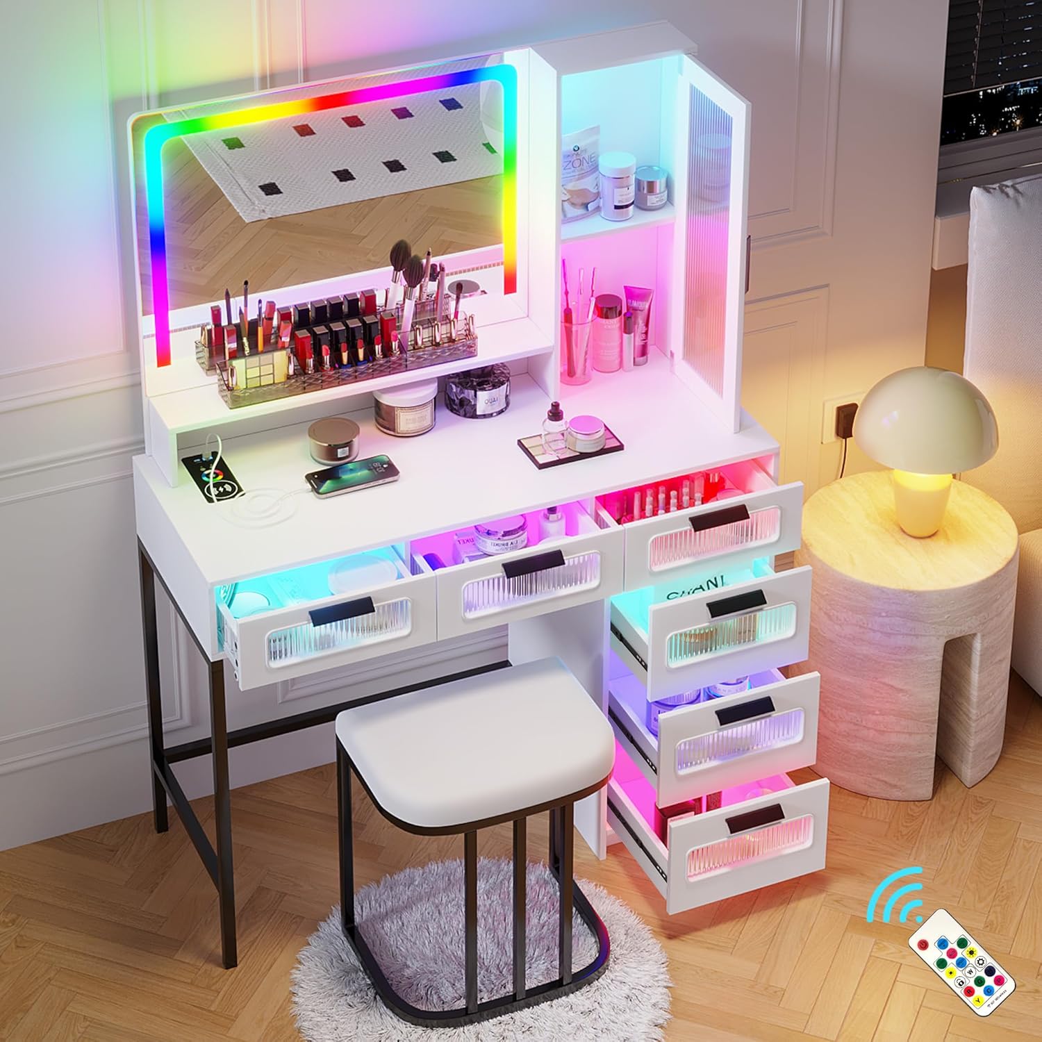 Amazon.com: HNEBC RGB Vanity Desk with Mirror and Lights, LED Vanity ...