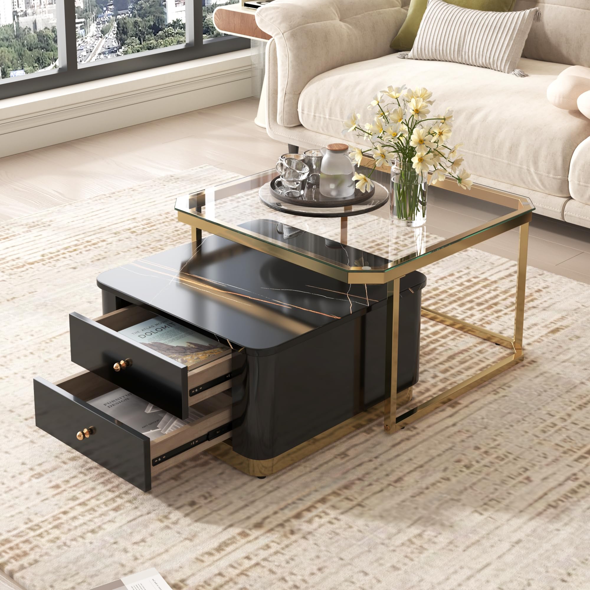 Amazon.com: RUNNA 2 Pieces Square Nesting Coffee Table with Drawers ...