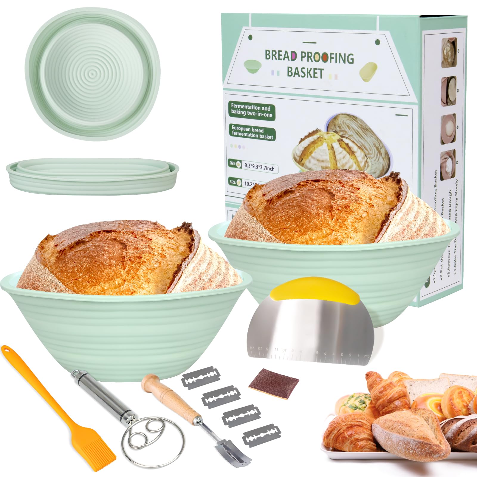 Silicone Banneton Bread Proofing Baskets, 2x9 Inch Round Foldable ...